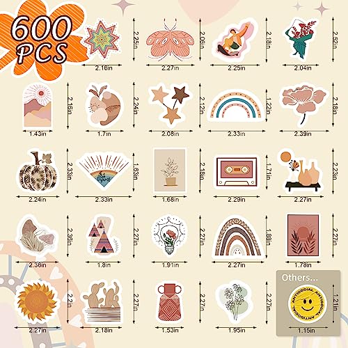 Arme Boho Stickers Pack - 600 PCS Aesthetic Vinyl Waterproof Stickers for Water Bottles, Laptops, Phones & Skateboards