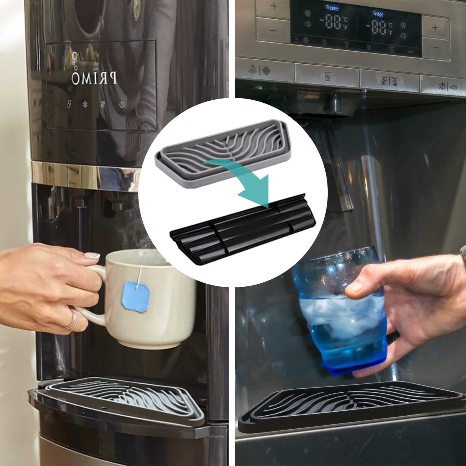 Silicone Refrigerator Drip Tray Catcher 2 packs,Protects Ice and Water Dispenser Pan From Spills,Fit Refrigerator Water Tray, Coffee Machine Tray Recycle and Dry Quickly (Rectangular, Black+Grey)