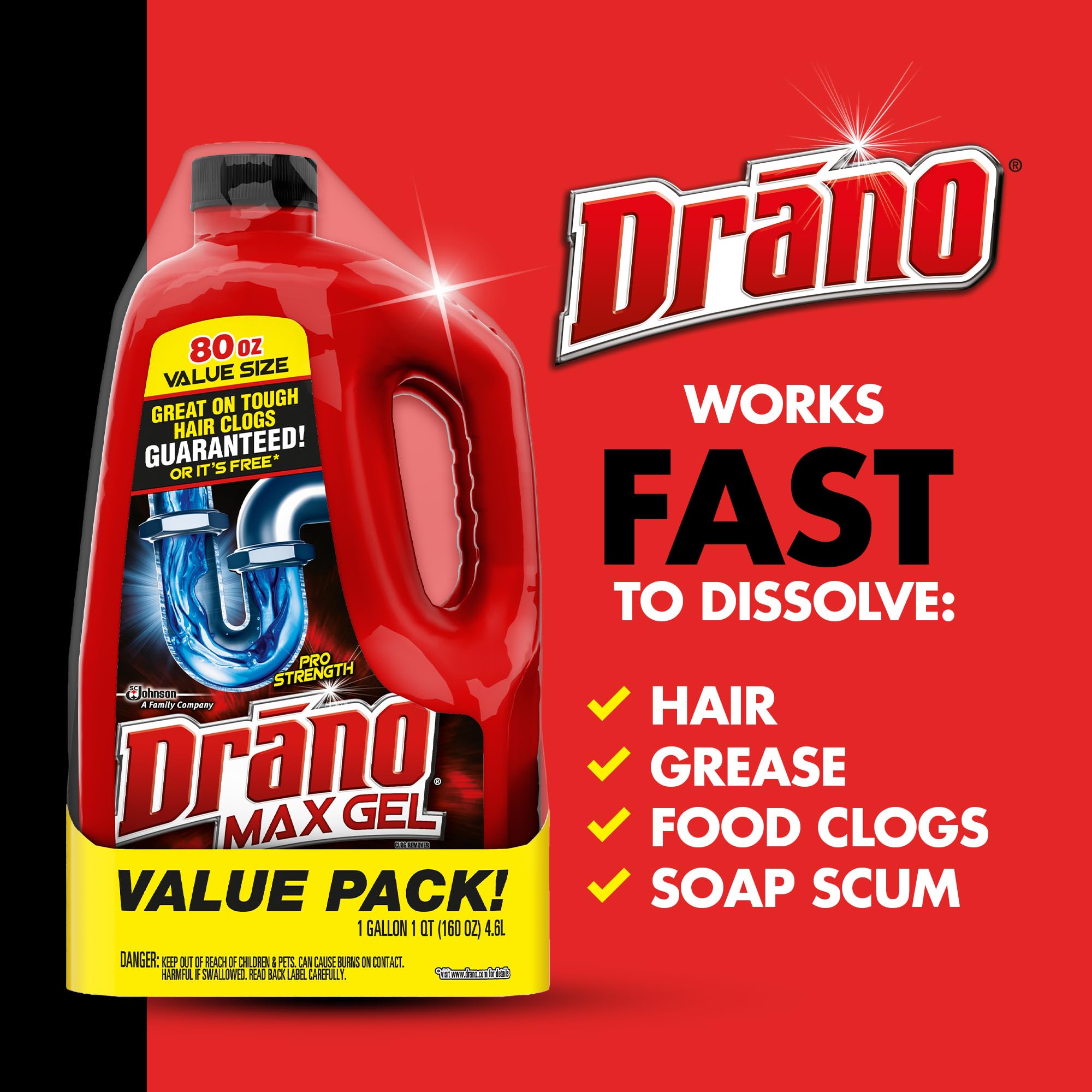 Drano Max Gel Drain Clog Remover and Cleaner for Shower or Sink Drains, 80 oz, 2 pack