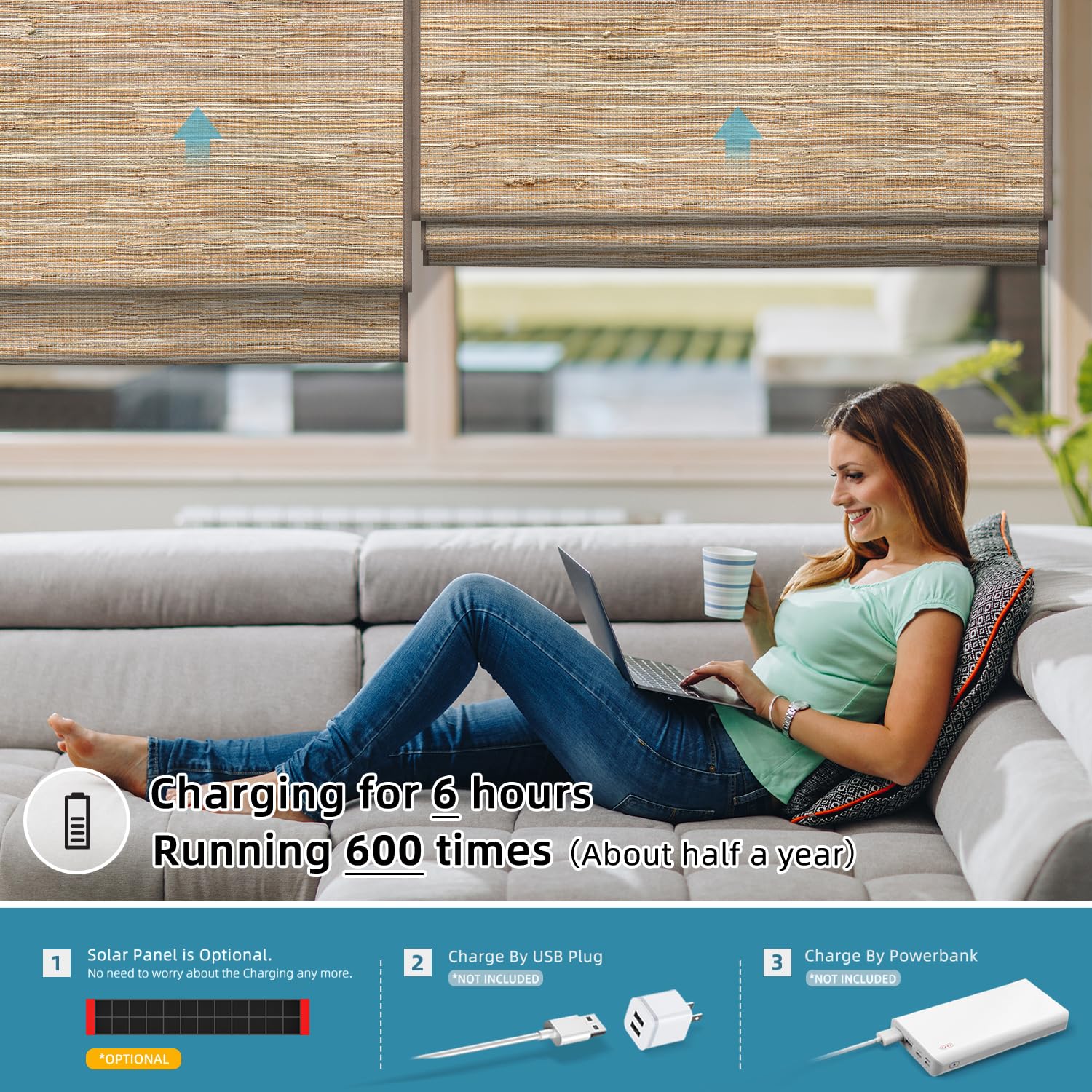 SmartWings Motorized Natural Woven Wood Blinds for Windows, Electric Auto Roman Shades with Remote for Sliding Doors, Compatitable with Alexa/Homekit/Google Home, Customized, Jute Linen-005
