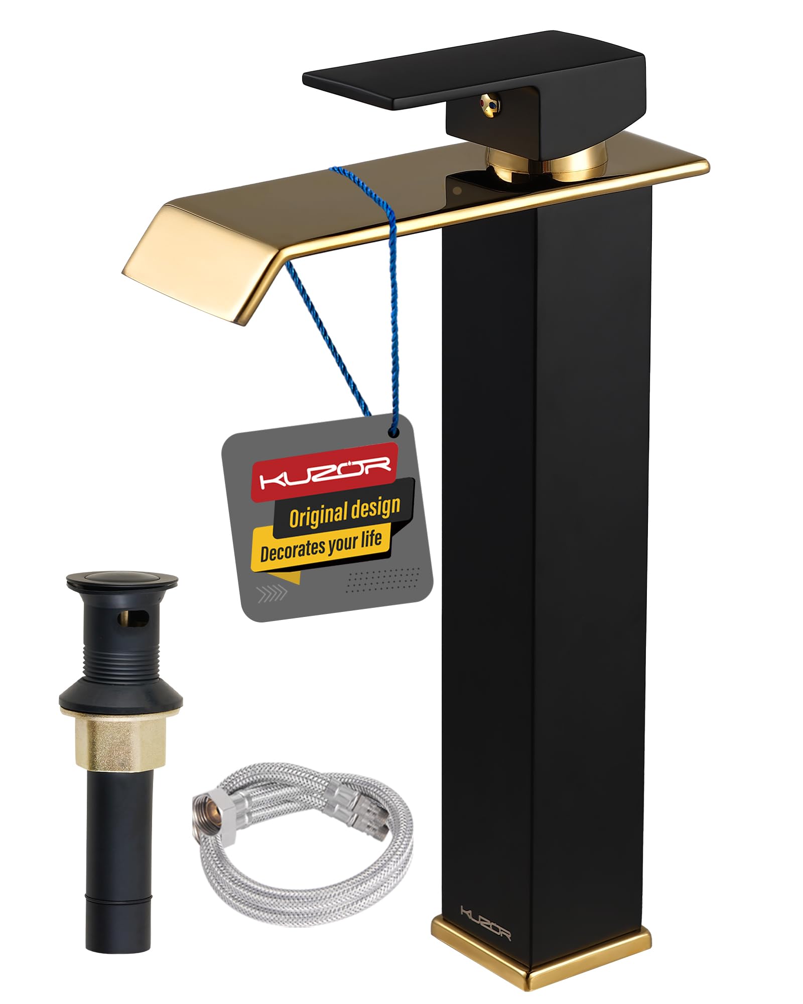 KUZOR 1PC Vessel Sink Faucet Brass Stainless Steel, Tall Bathroom Faucet 1 Hole 5-Minutes Installation - for Bathroom/Vanity/Bowl Sink - 11.26 Inch Height, 24.9 Oz Weight - Matte Black/Shiny Gold