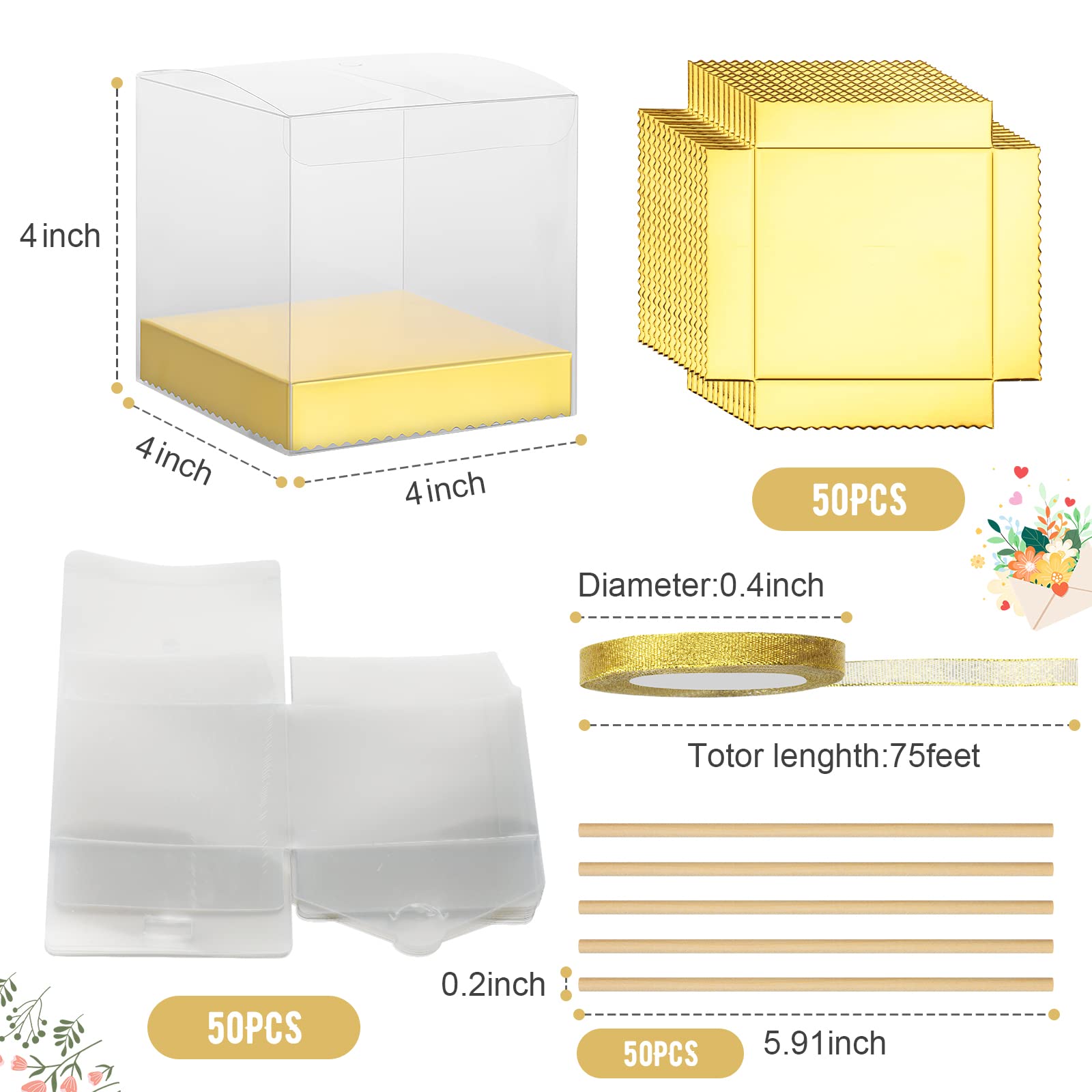 50 Sets 4 x 4 x 4 Inches Clear Candy Apple Boxes with Hole, Base, Sticks and Ribbons Transparent Candy Apple Boxes PET Caramel Apple Box Plastic Gift Boxes for Chocolate Apples Party Supplies (Gold)
