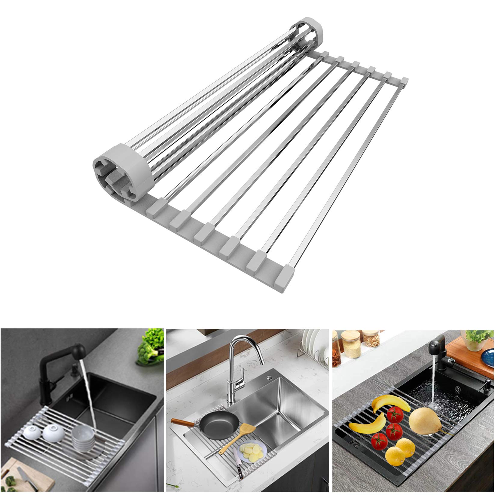 Roll Up Dish Drying Rack, 17 inch Stainless Steel In Sink Dish Drying Rack, Multipurpose Foldable Kitchen Sink Rack Mat for Dishes, Cups, Fruits Vegetables, Multi-Use Drying, Draining