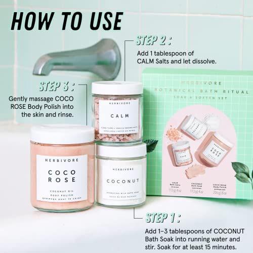 Herbivore Botanical Bath Ritual Set - Includes Coconut Bath Soak, Coco Rose Body Polish & Calm Bath Salts