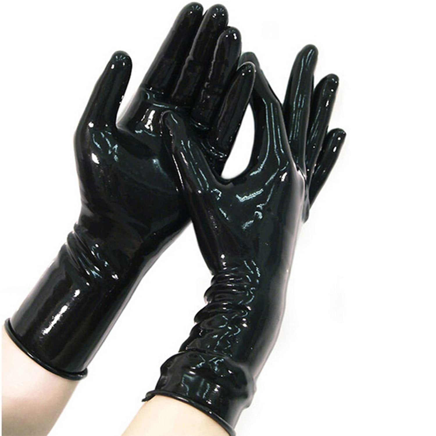 Latex Short Gloves 0.4mm Thick with Rolled Edges Club Party Wear Costume for Catsuit Dress (Black, Medium)