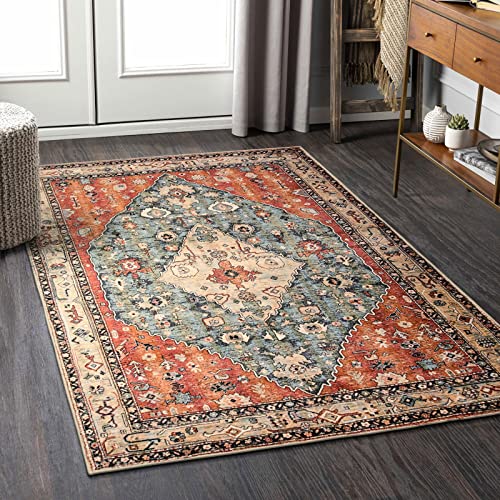 Morebes Tribal Washable Rugs, Boho 3x5 Rug Machine Washable Laundry Room Kitchen Rug Distressed Bathroom Mat, Vintage Low Pile Entry Way Rug Faux Wool Carpet for Bedroom Kitchen Dorm, Rust/Multi