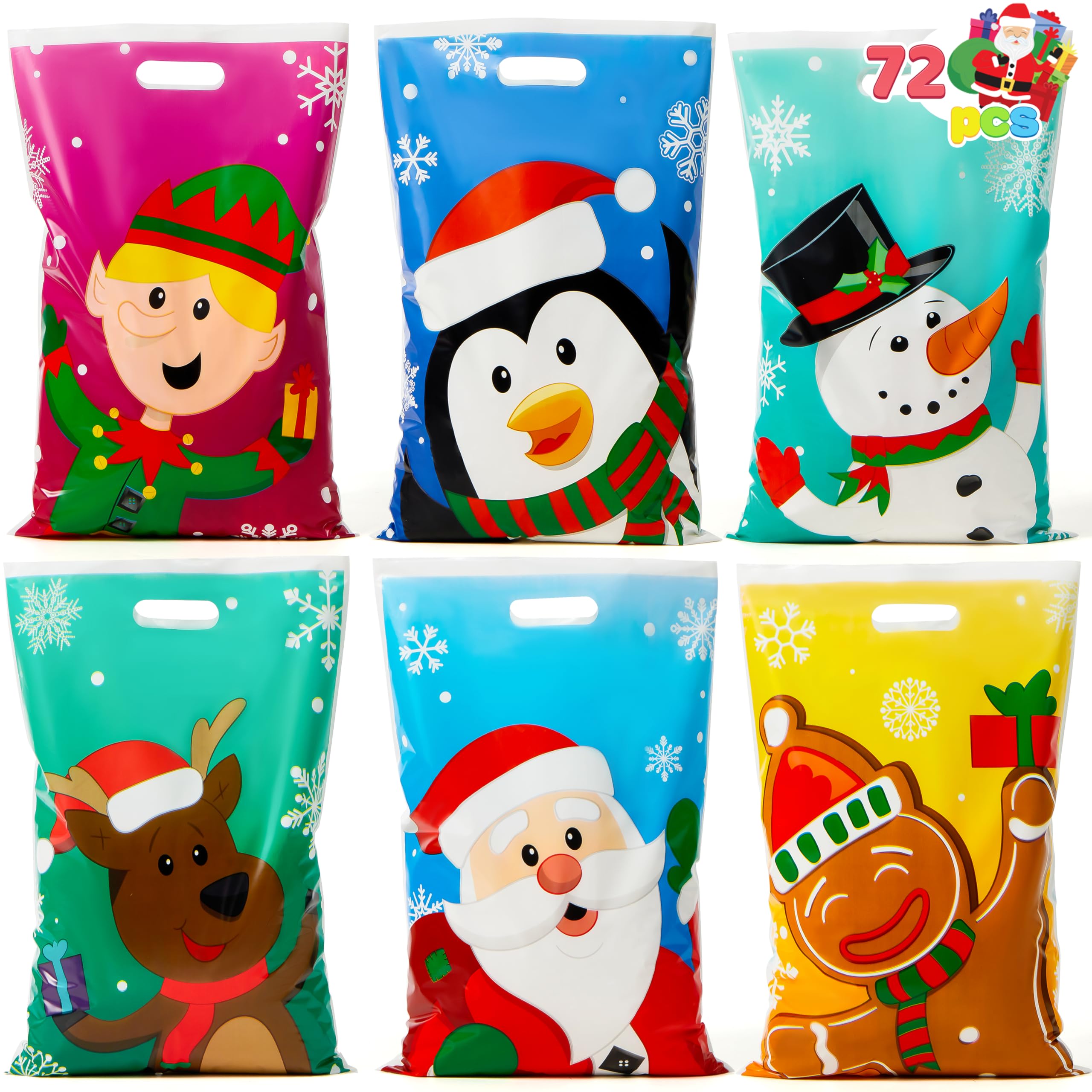 JOYIN 72 PCS Christmas Bags for Xmas Holiday Goody Gift, Christmas Snacks Bags Xmas Plastic Bags with Handles Christmas Gift Wrap Bags for Xmas Party Favor, Party Decoration Supplies