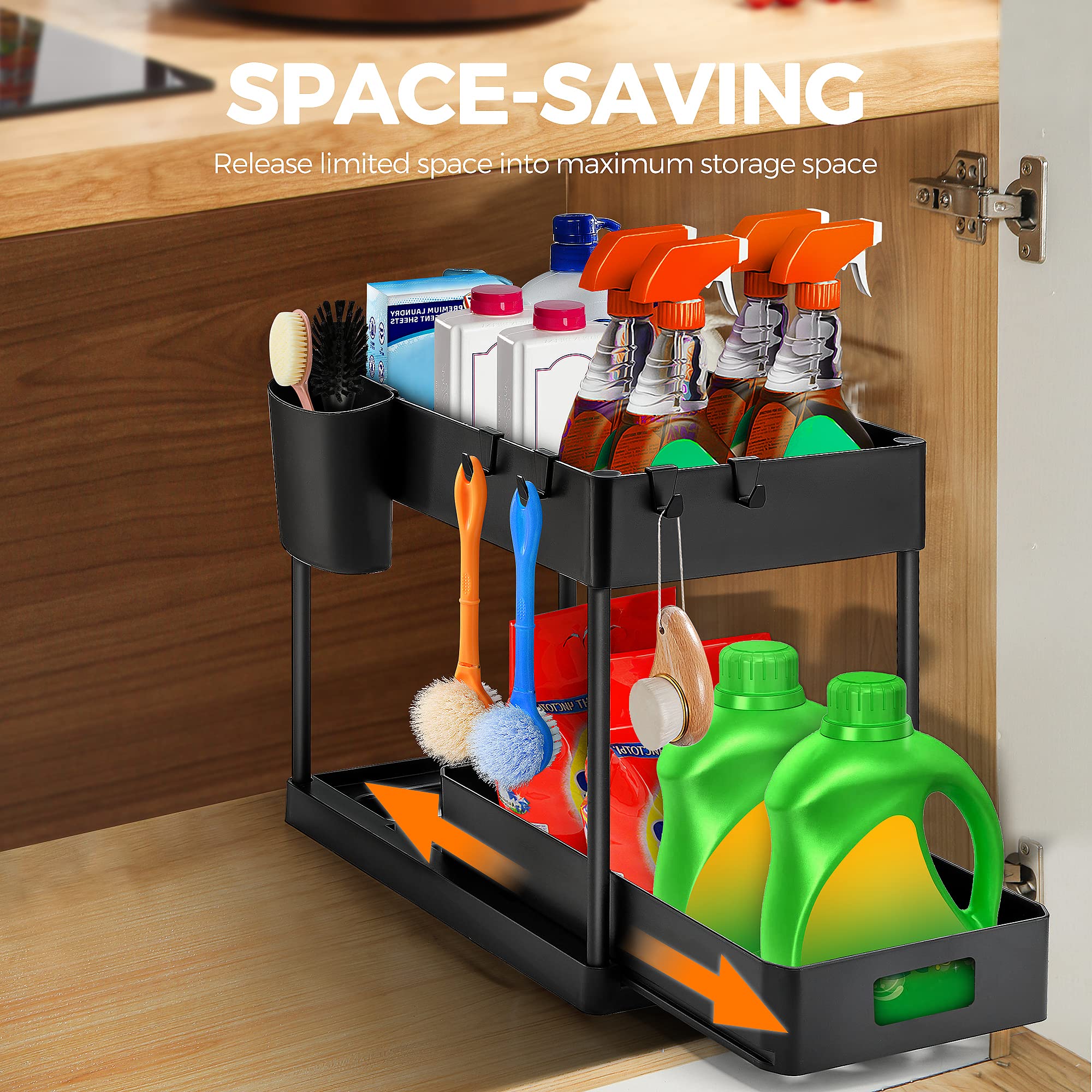 Ravinte 2 Pack Pull Out Under Sink Organizer 2 Tier Multi Purpose Sink Organizers Storage For Bathroom Kitchen Sink Storage Organizer With Hook & Hanging Cup Matte Black Sliding Cabinet Organizer