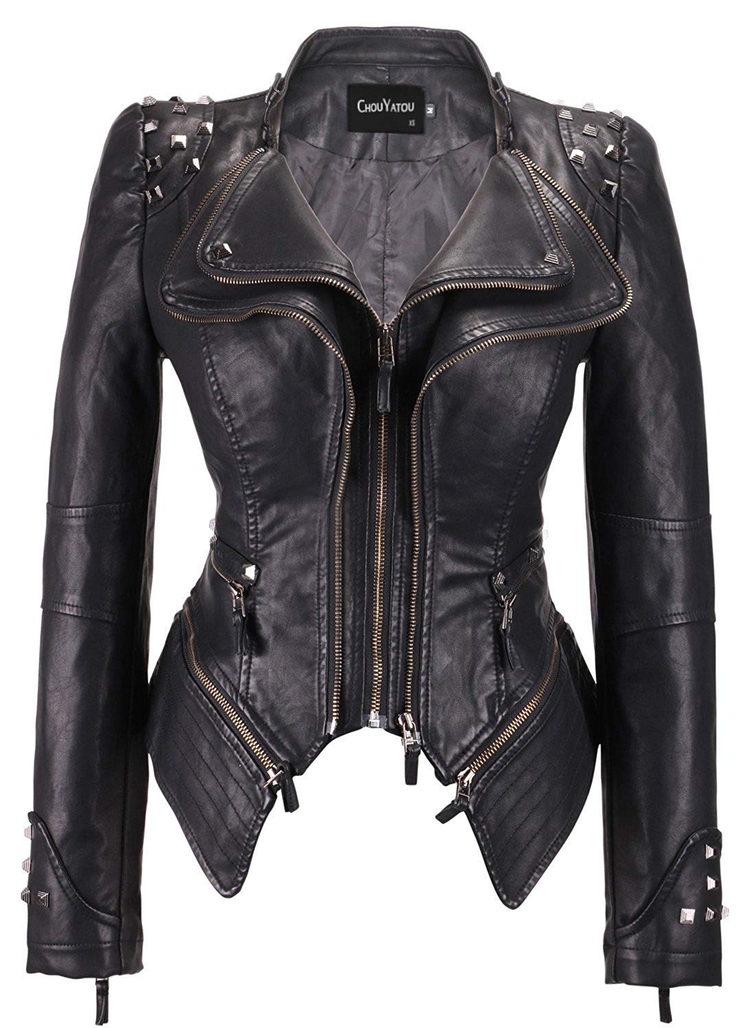 chouyatou Women's Fashion Studded Perfectly Shaping Faux Leather Biker Jacket (Large, Black)