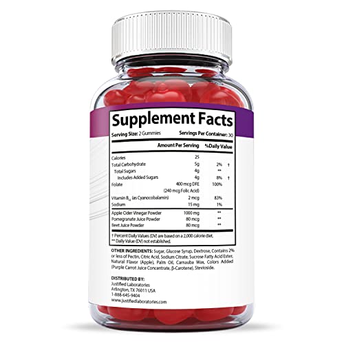 Justified Laboratories (2 Pack) Fast Keto ACV Gummies 1000MG with Pomegranate Juice Beet Root B12 120 Gummys