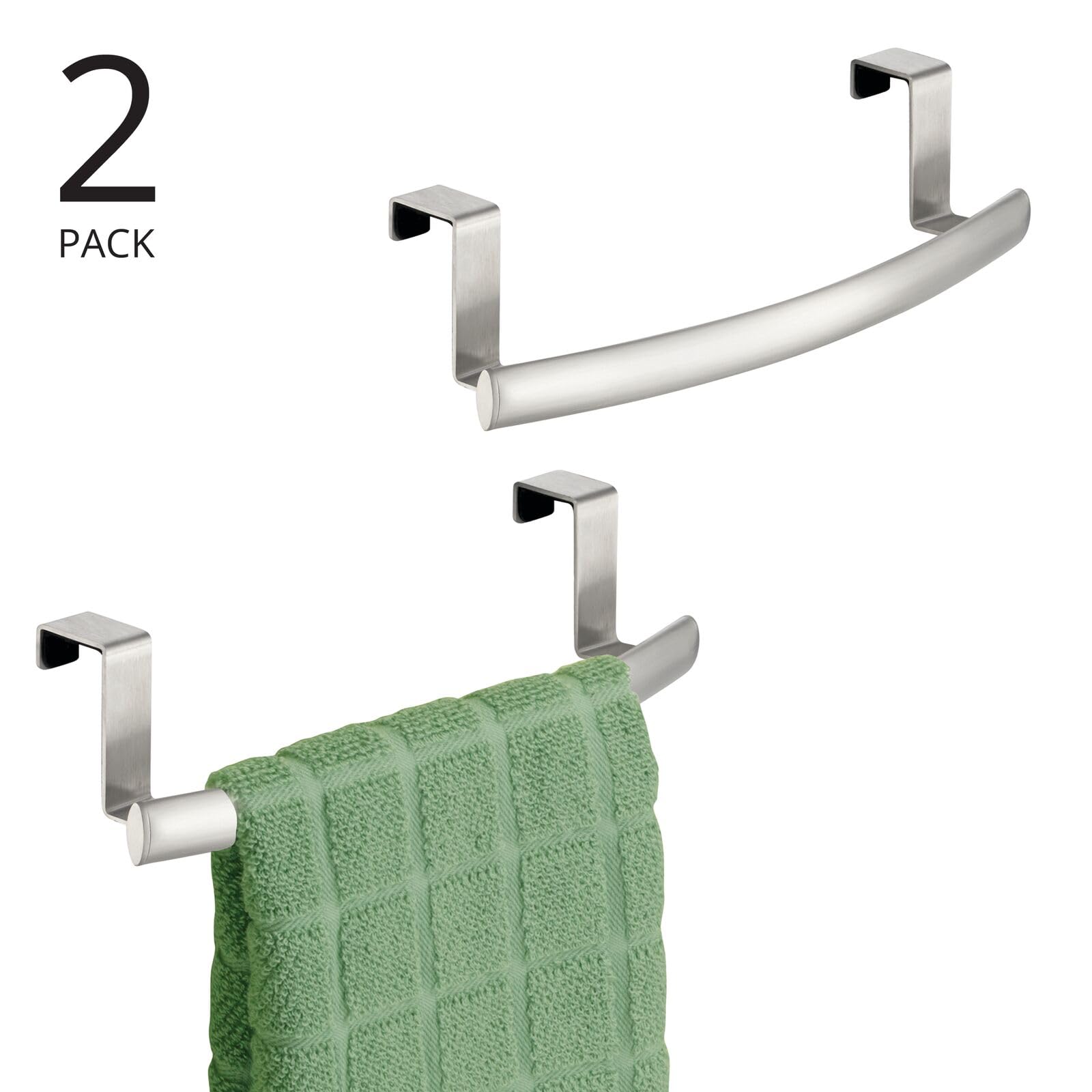 mDesign Steel Over Door Curved Towel Bar Storage, Hanger for Cabinet or Cupboard, Holder Rack for Kitchen, Bathroom - Holds Hand/Dish Towels, Washcloths - Spira Collection - 2 Pack - Brushed Chrome