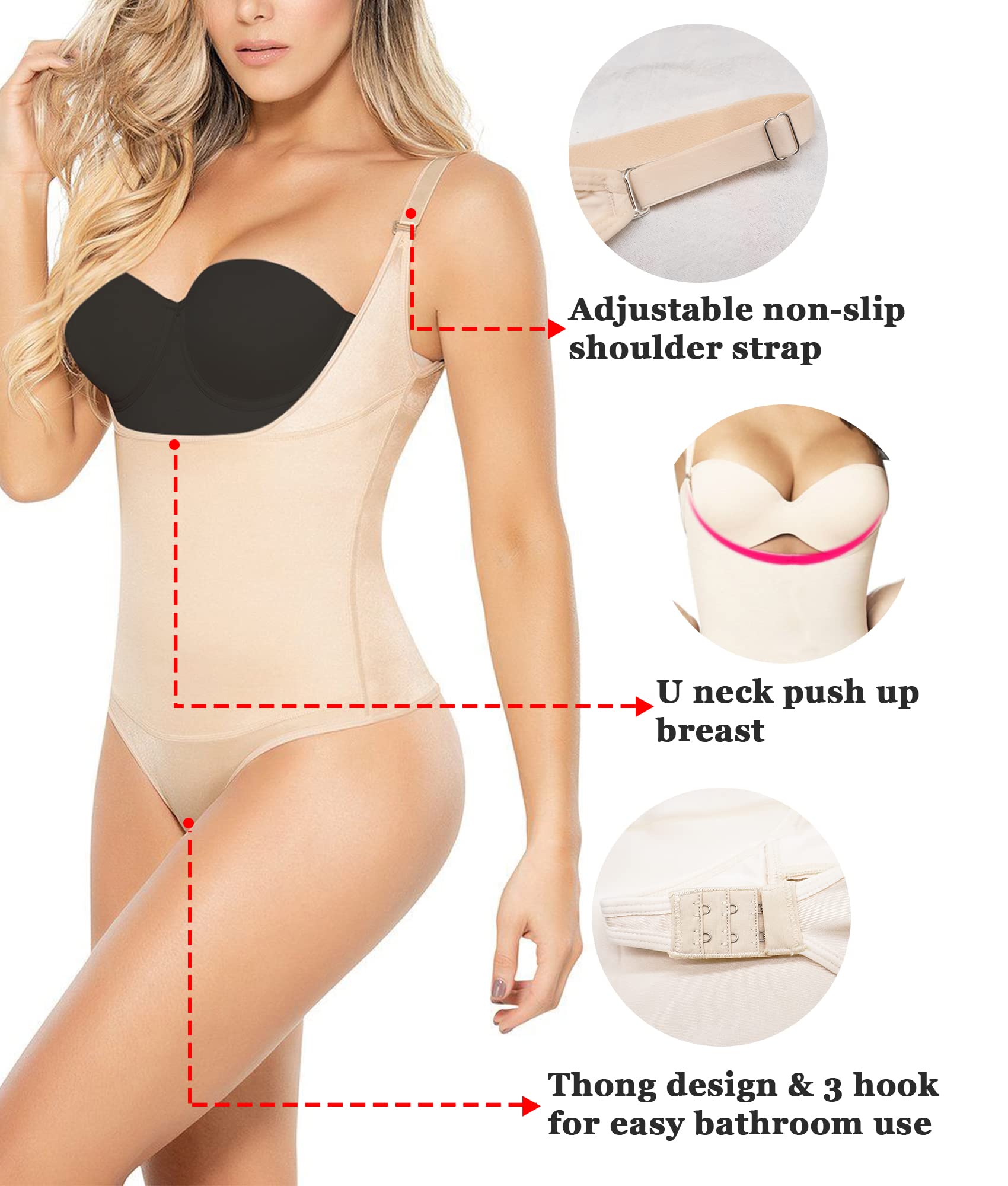 SHAPERX Women Shapewear for Tummy Control Open Bust Bodysuit Thong Slimmer Body Shaper, SZ7095-Skin-XL
