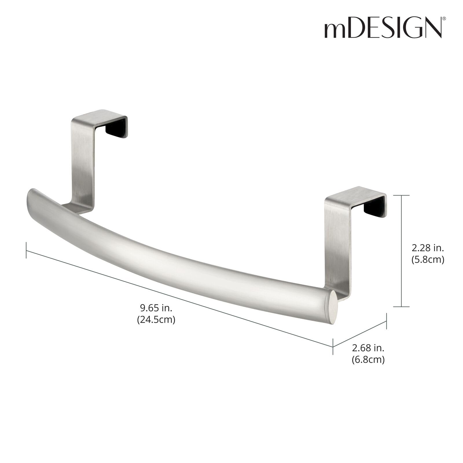 mDesign Steel Over Door Curved Towel Bar Storage, Hanger for Cabinet or Cupboard, Holder Rack for Kitchen, Bathroom - Holds Hand/Dish Towels, Washcloths - Spira Collection - 2 Pack - Brushed Chrome