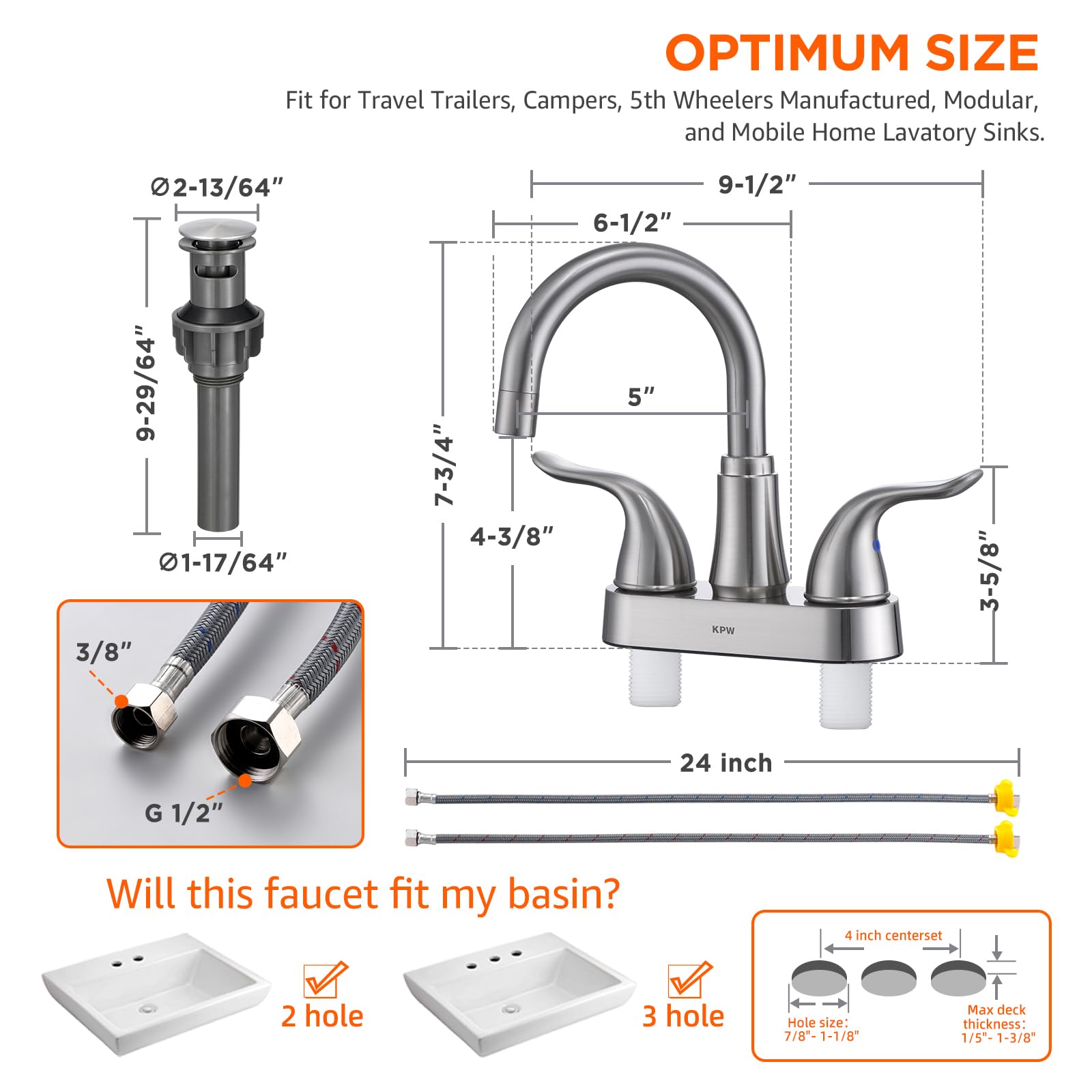 KPW Bathroom Sink Faucet 2 or 3 Hole Brushed Nickel Centerset 4 Inch Bathroom Sink Faucet 2 Handle Over ABS Non-Metallic Lavatory Bathroom Faucet with Pop up Drain Water Supply Hoses