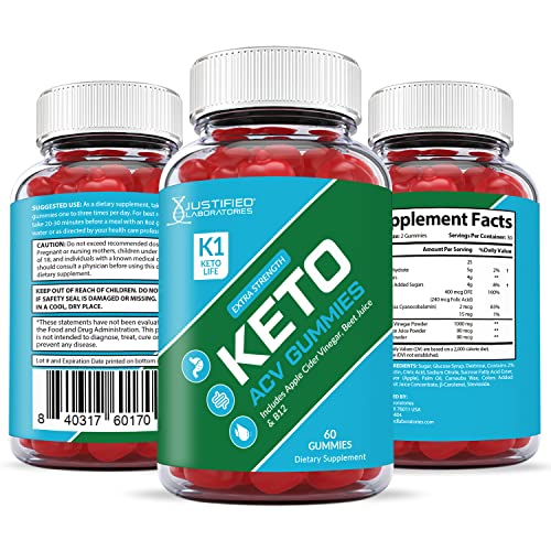 Justified Laboratories (5 Pack) K1 Keto Life ACV Gummies 1000MG with Pomegranate Juice Beet Root B12 300 Gummys