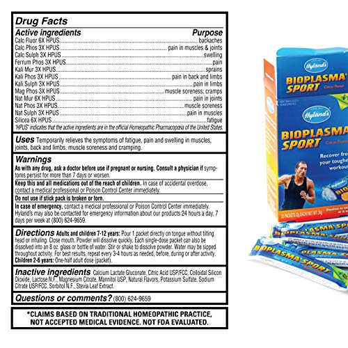 Electrolyte Powder Bioplasma Sport Cell Salts by Hyland's, Natural Relief of Fatigue, Pain and Swelling, 12 Count
