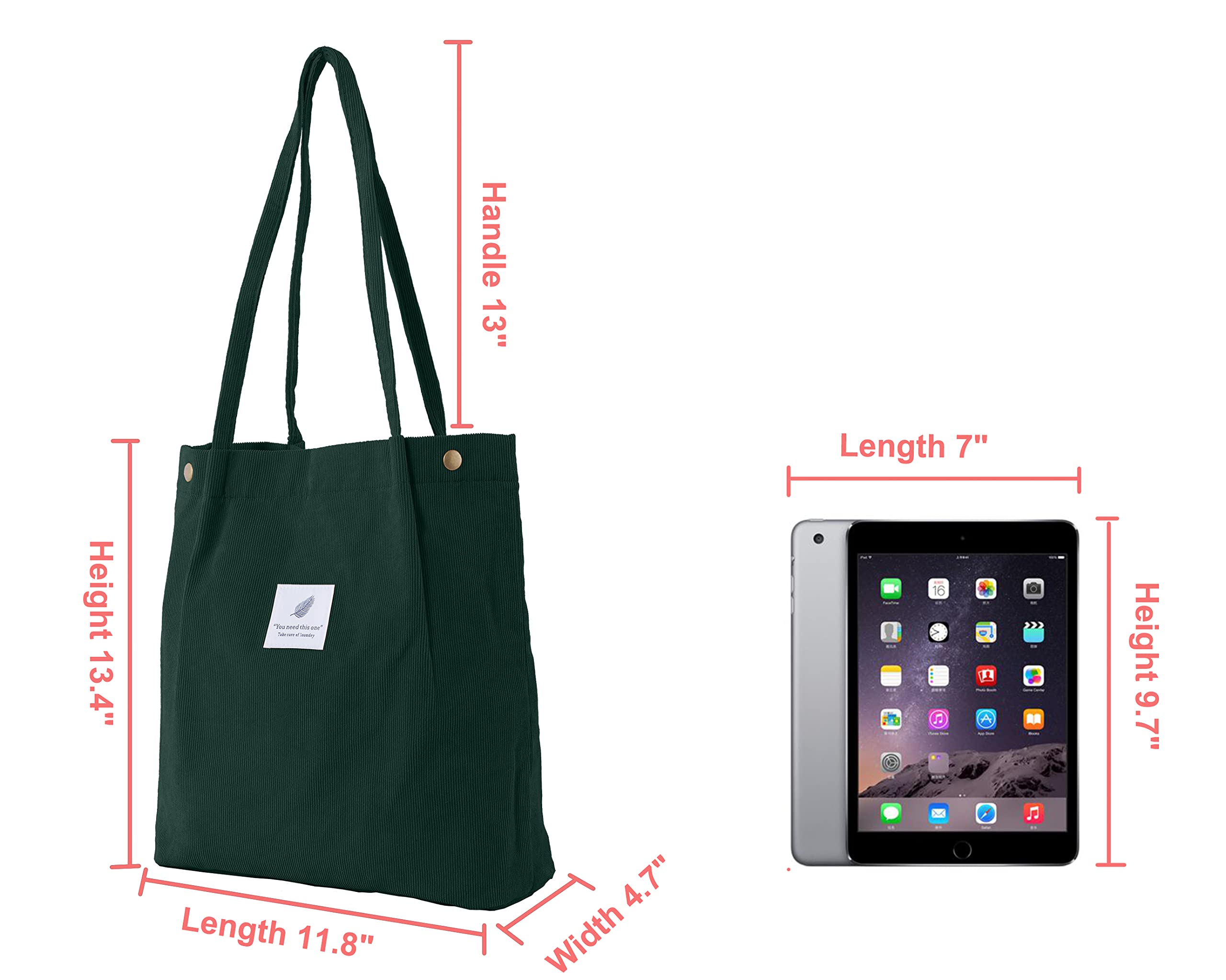 Corduroy Tote Bag for Women Girl Canvas Handbags Shoulder Purse (Green) Medium
