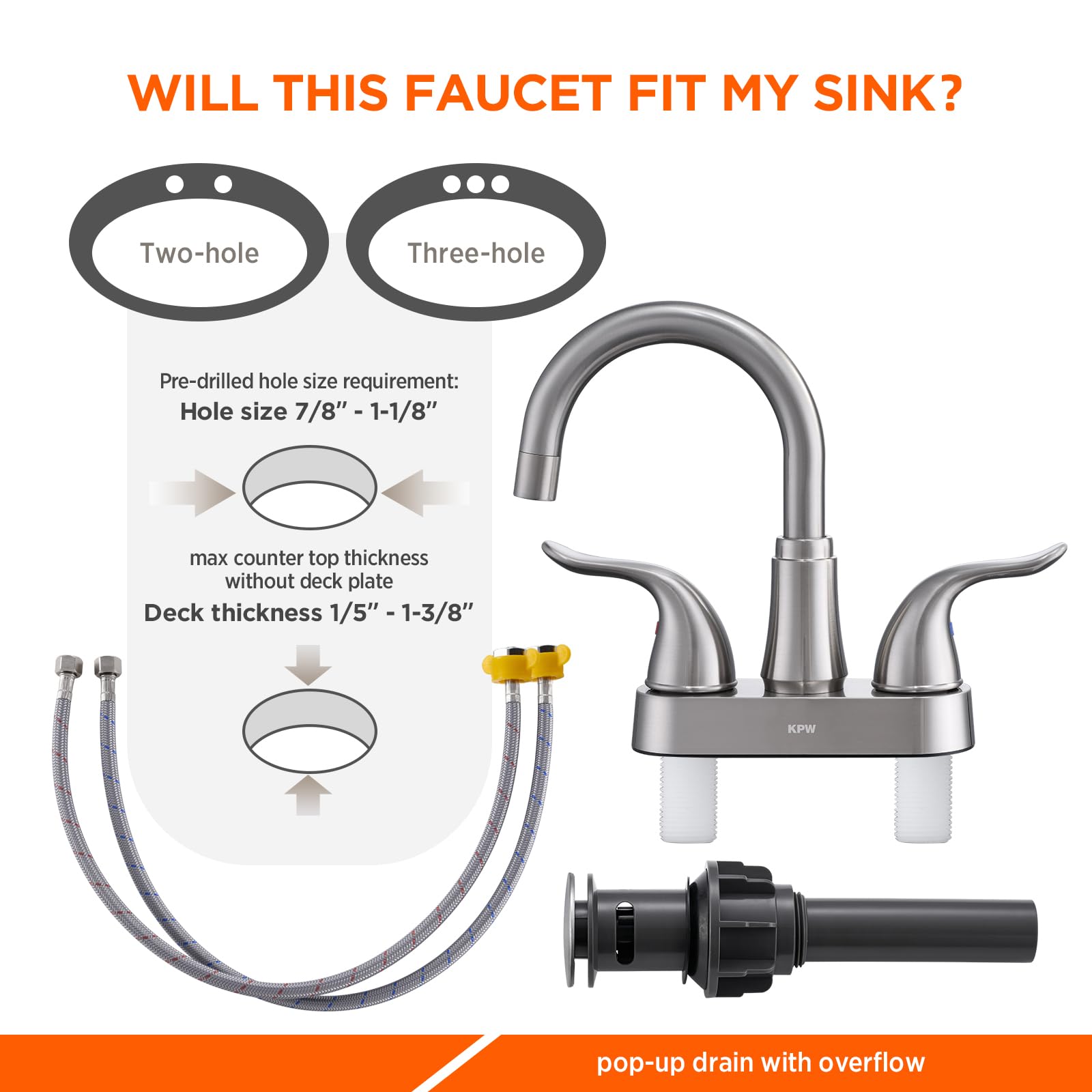 KPW Bathroom Sink Faucet 2 or 3 Hole Brushed Nickel Centerset 4 Inch Bathroom Sink Faucet 2 Handle Over ABS Non-Metallic Lavatory Bathroom Faucet with Pop up Drain Water Supply Hoses