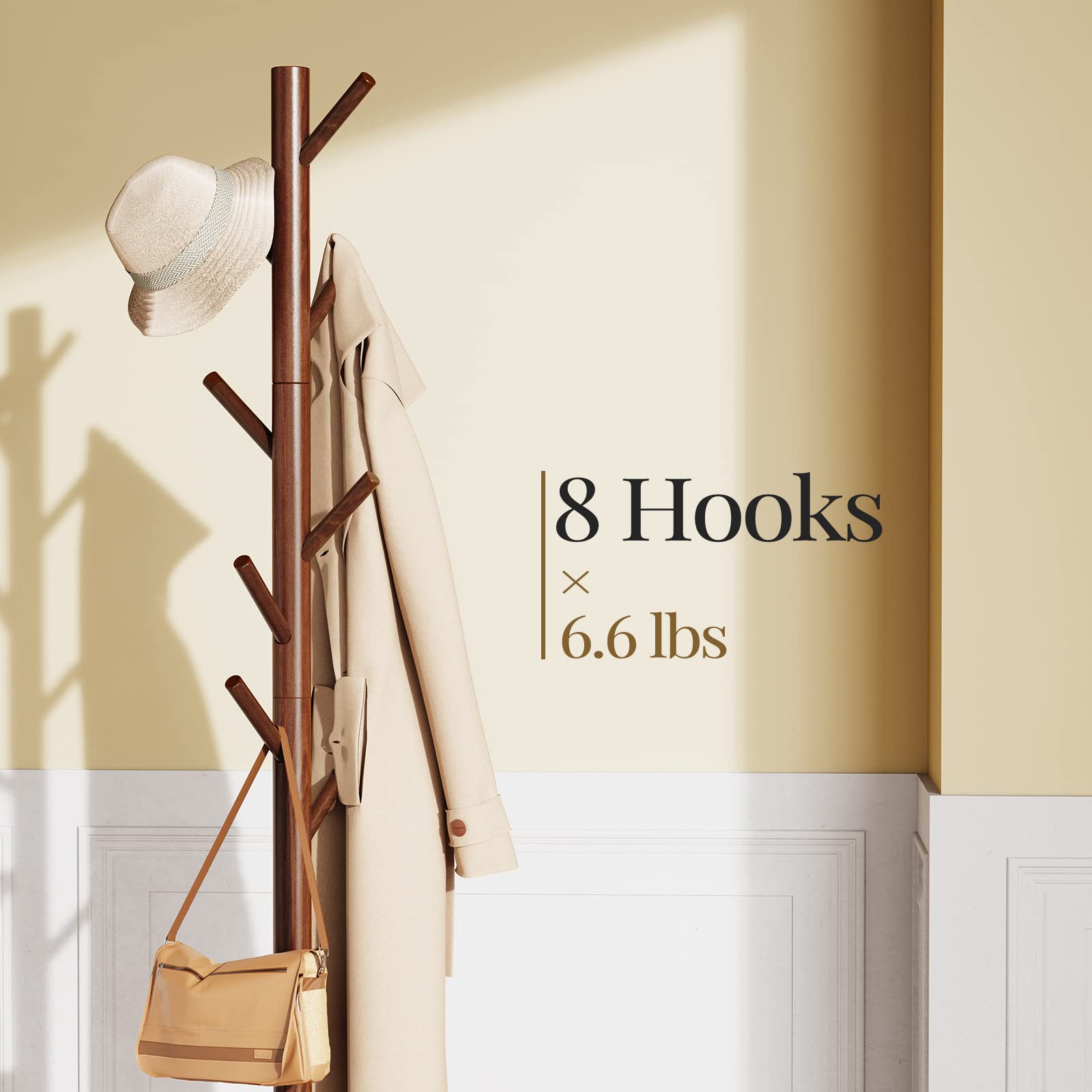 Pipishell Coat Rack, Wooden Coat Rack Stand with 3 Height Options and 8 Hooks, Sturdy Freestanding Coat Rack for Clothes/Bags/Hats, Coat Rack for Home/Office/Entryway/Hallway, PIWCR01, Brown