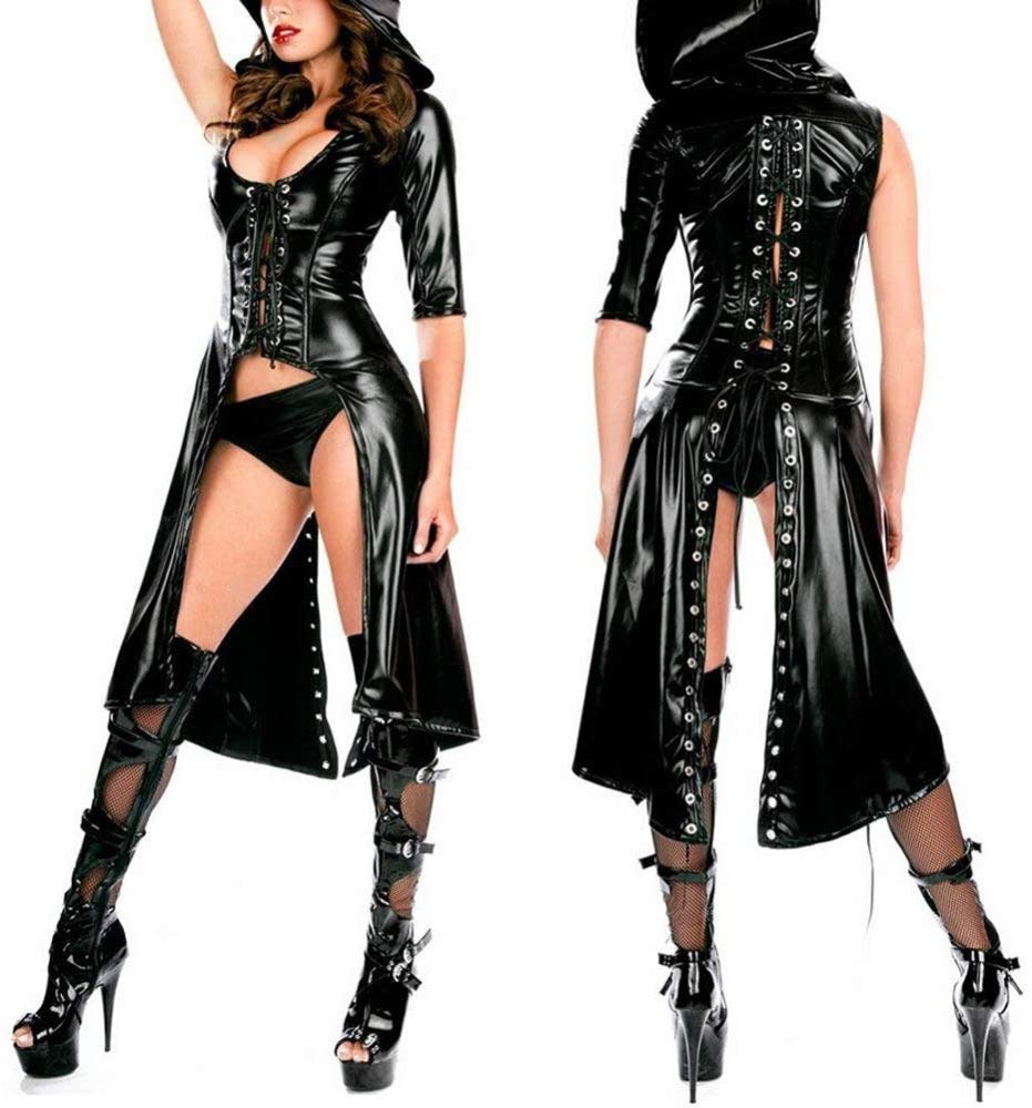 Women Faux Leather Cape Cloak Bandage Leather Lingerie Cosplay Halloween Costume Punk Gothic Dress Lace Up Catsuit Hooded Cape Sexy Shiny Latex Dress