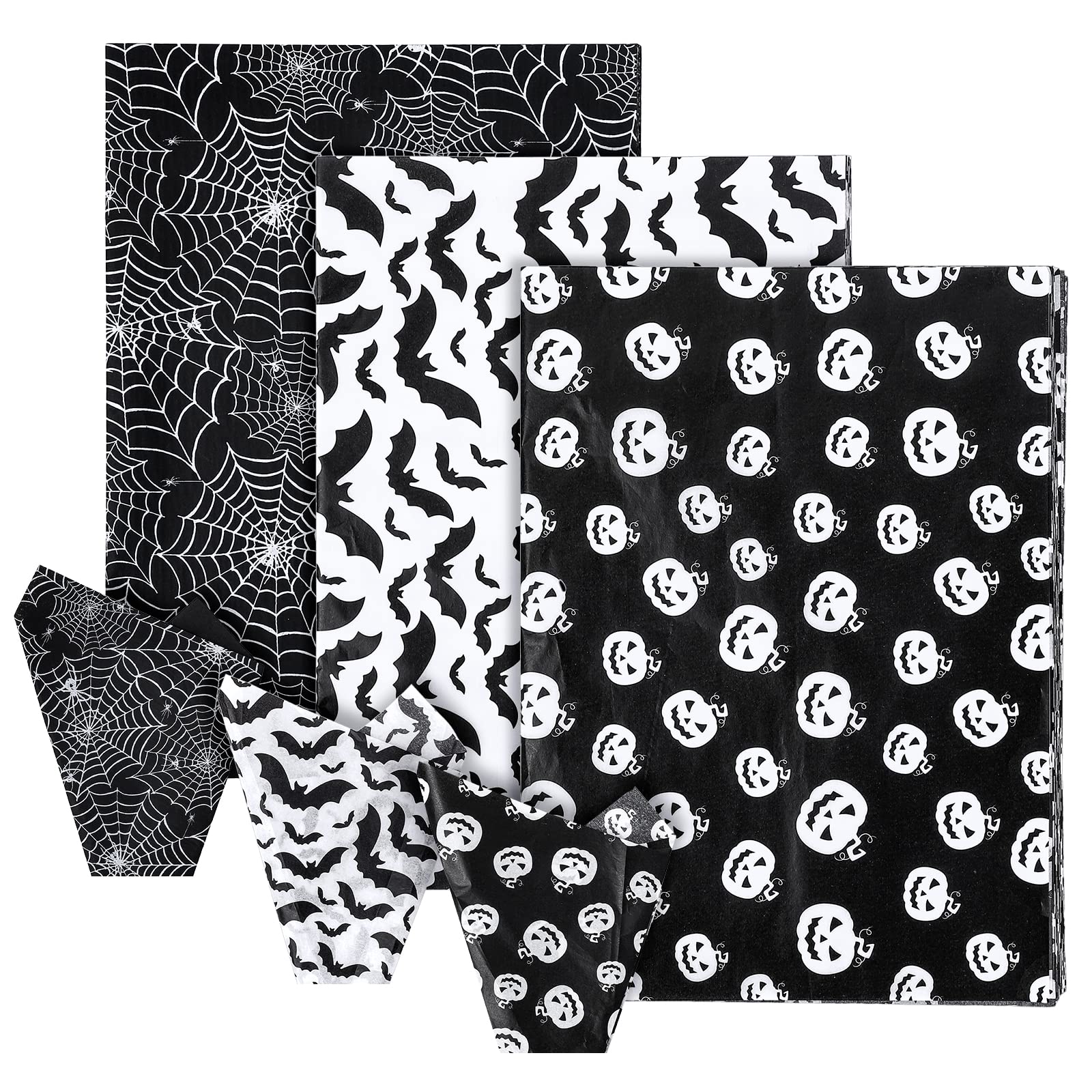 Whaline 90 Sheet Halloween Tissue Paper Black White Wrap Tissue Paper with Cobweb Bat Ghost Pumpkin Pattern Autumn Gift Wrapping Paper for Fall Halloween Party Gift Packing DIY Craft, 13.8 x 19.7In
