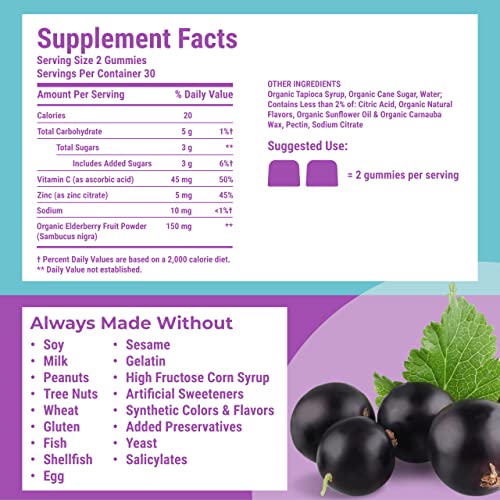 Hyland's Naturals Organic Elderberry Plus Gummies, Organic Black Elderberry with ZINC and Vitamin C, Immune Support Supplement for Adults, 60 Vegan Gummies (30 Days)