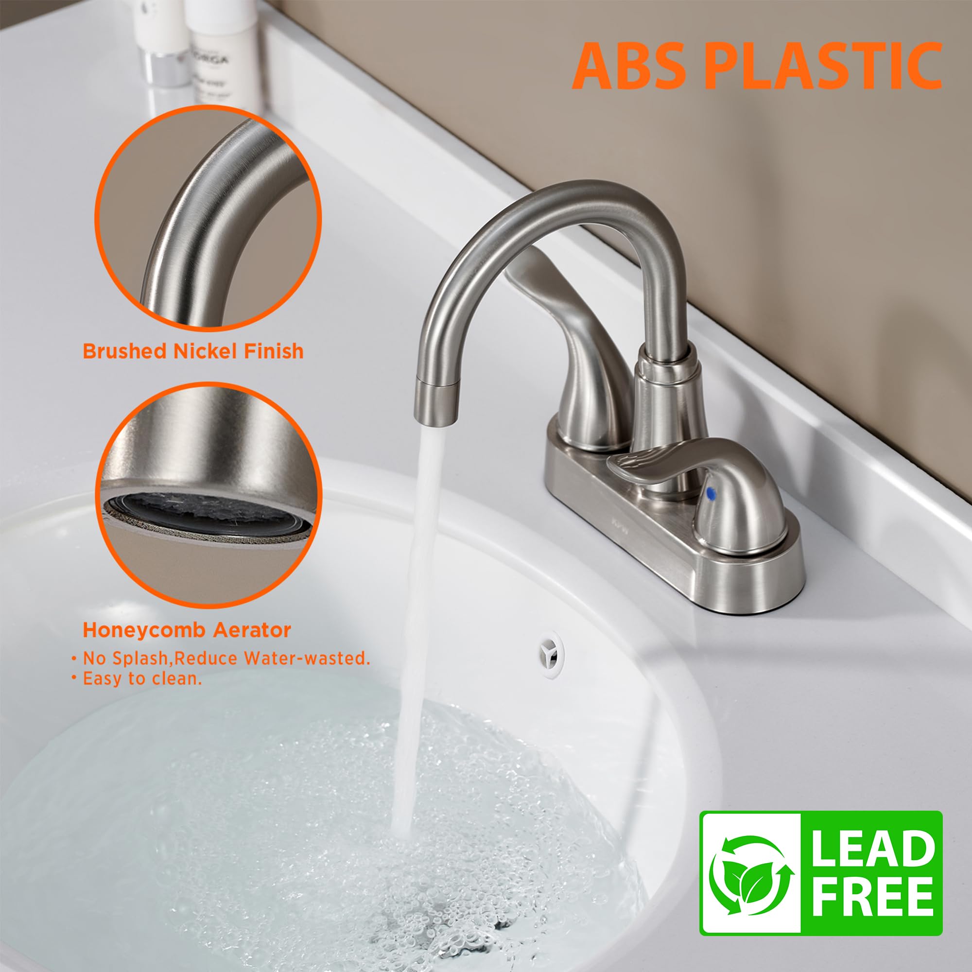 KPW Bathroom Sink Faucet 2 or 3 Hole Brushed Nickel Centerset 4 Inch Bathroom Sink Faucet 2 Handle Over ABS Non-Metallic Lavatory Bathroom Faucet with Pop up Drain Water Supply Hoses