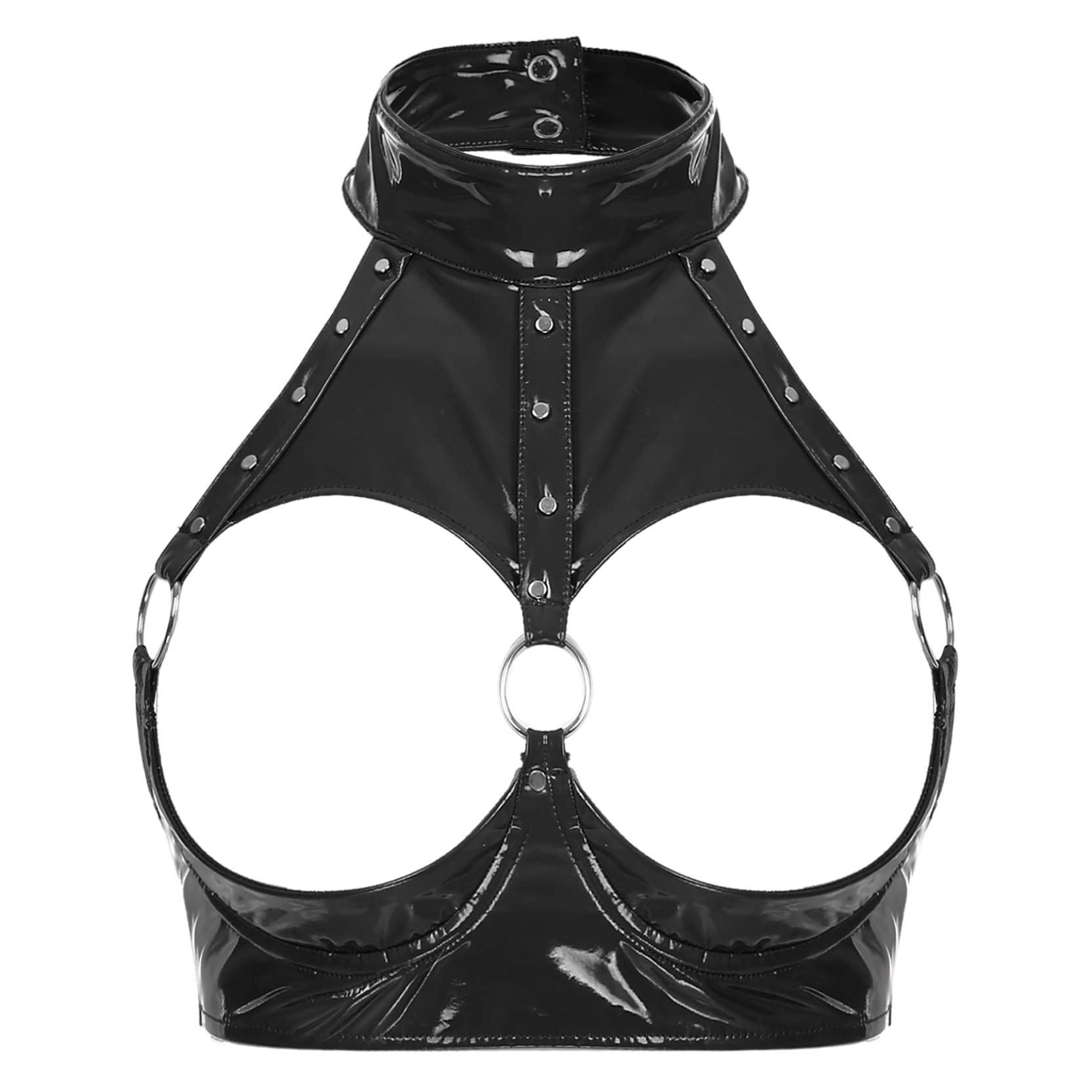 Loloda Women's Sexy PVC Leather Mini Bra Top Exposed Breasts Nipples Bra Latex Sleeveles Vest Tops Black Medium
