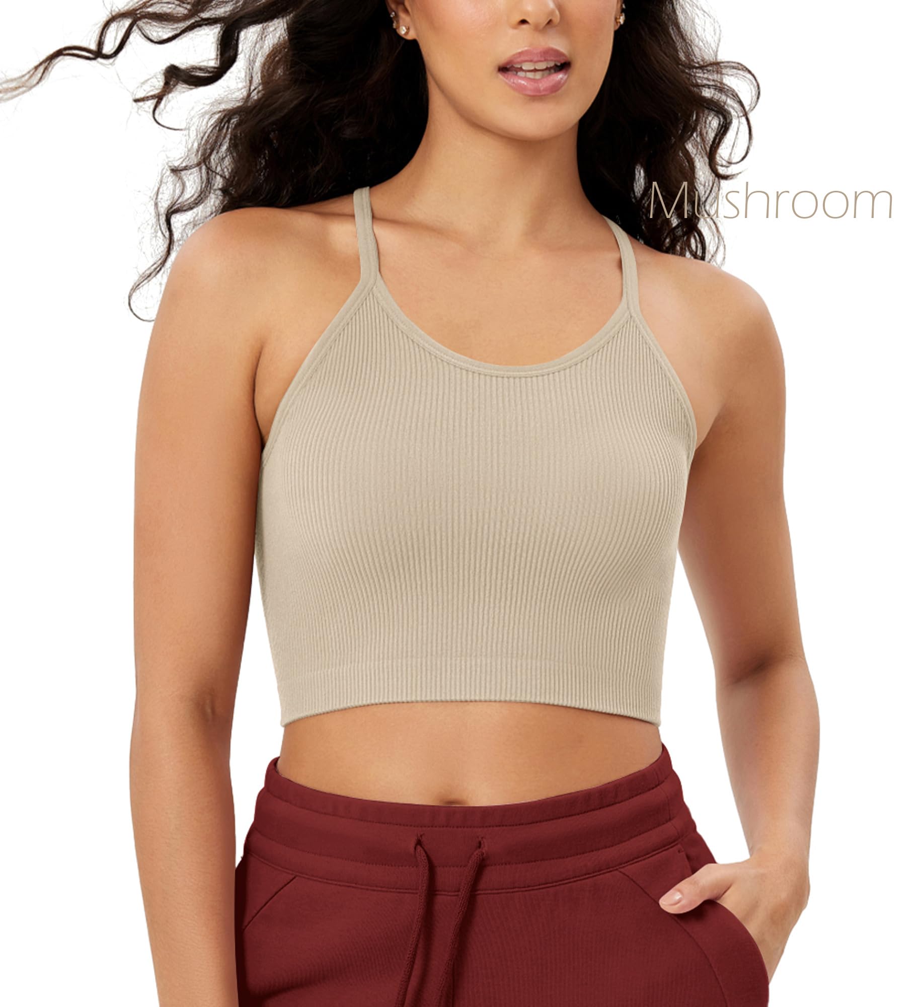 ODODOS Women's Crop 3-Pack Seamless Rib-Knit Camisole Crop Tank Tops, Mushroom Taupe Charcoal, X-Small/Small