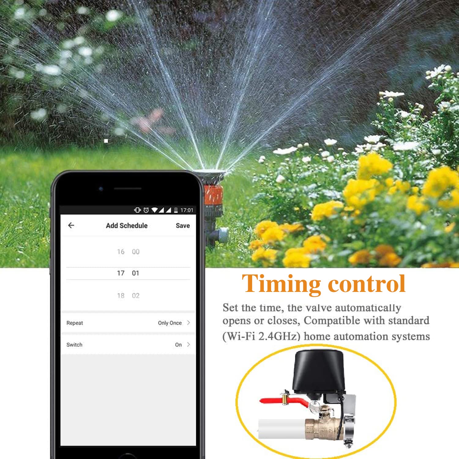 Jinvoo upgraded version smart water valve closing, Wifi water valve, automatic ball valve watering timer, sprinkler controller, wireless gas shut-off valve controller, compatible with Alexa, Google
