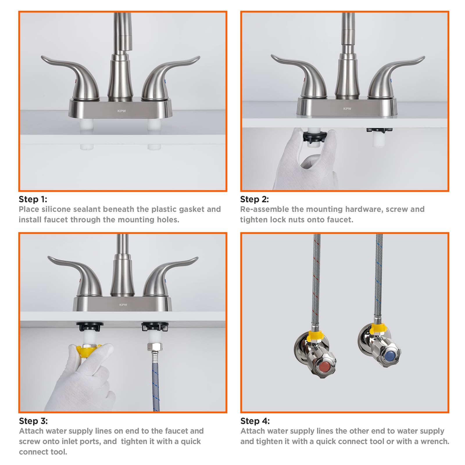 KPW Bathroom Sink Faucet 2 or 3 Hole Brushed Nickel Centerset 4 Inch Bathroom Sink Faucet 2 Handle Over ABS Non-Metallic Lavatory Bathroom Faucet with Pop up Drain Water Supply Hoses