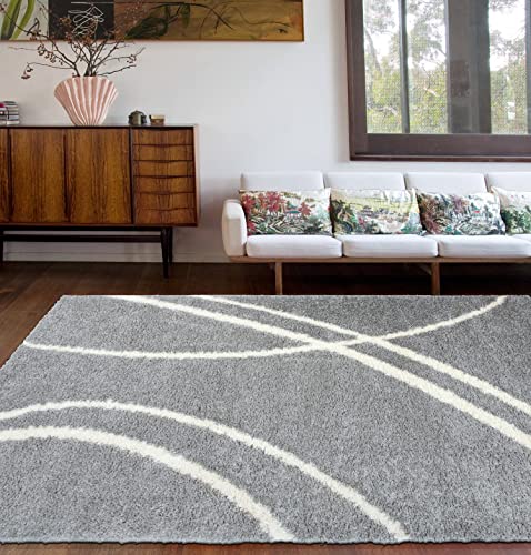 Rugshop Cozy Contemporary Stripe Perfect for Living Room,Bedroom,Home Office Non-Shedding Plush Shag Area Rug 7'10" X 10' Gray-White