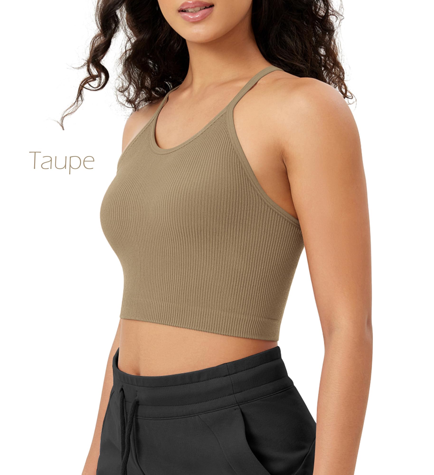 ODODOS Women's Crop 3-Pack Seamless Rib-Knit Camisole Crop Tank Tops, Mushroom Taupe Charcoal, X-Small/Small