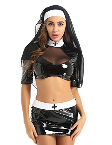 Jugaoge Women's Halloween Nun Role Play Fancy Dress Costume Latex Leather Sexy Lingeries Outfits Black Large