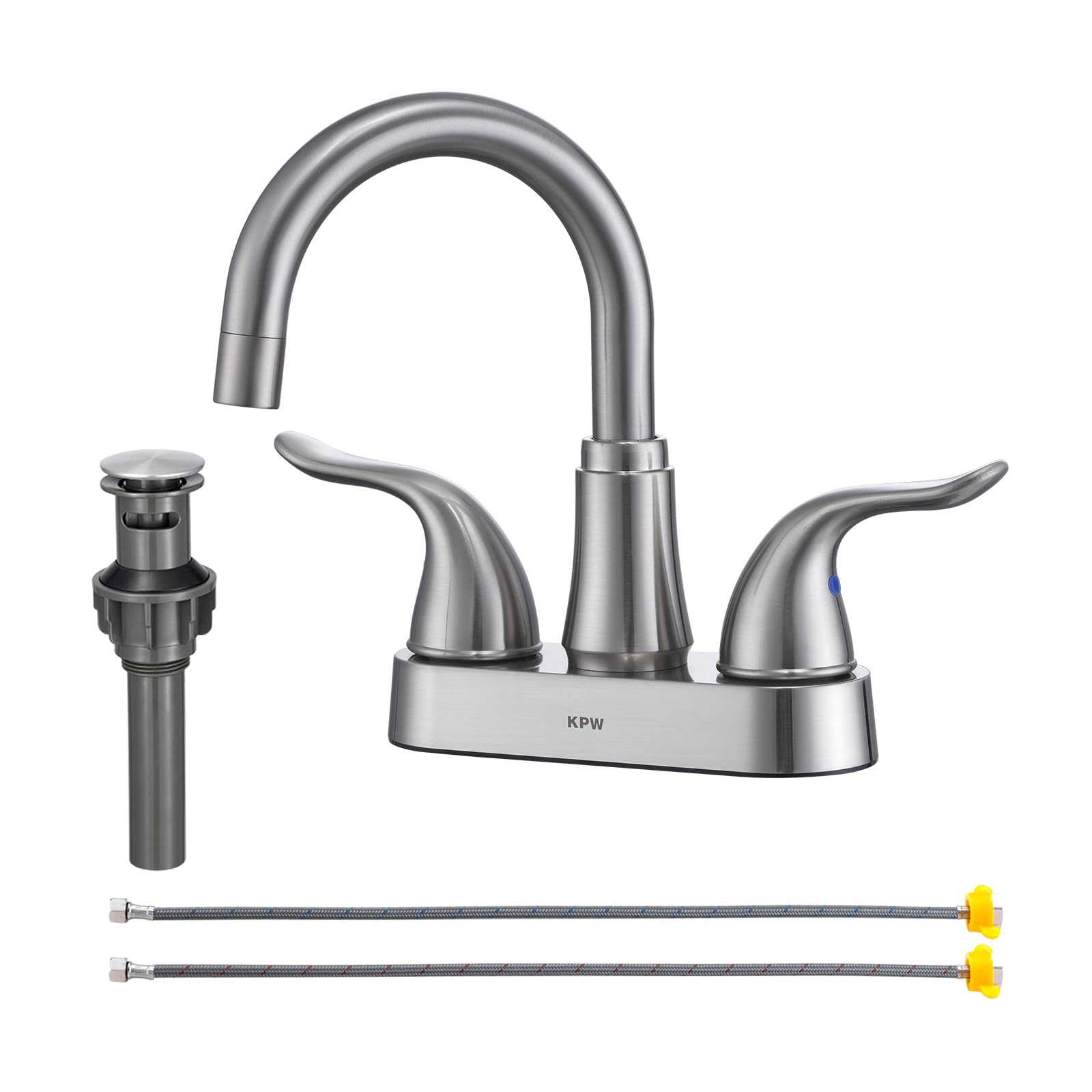 KPW Bathroom Sink Faucet 2 or 3 Hole Brushed Nickel Centerset 4 Inch Bathroom Sink Faucet 2 Handle Over ABS Non-Metallic Lavatory Bathroom Faucet with Pop up Drain Water Supply Hoses