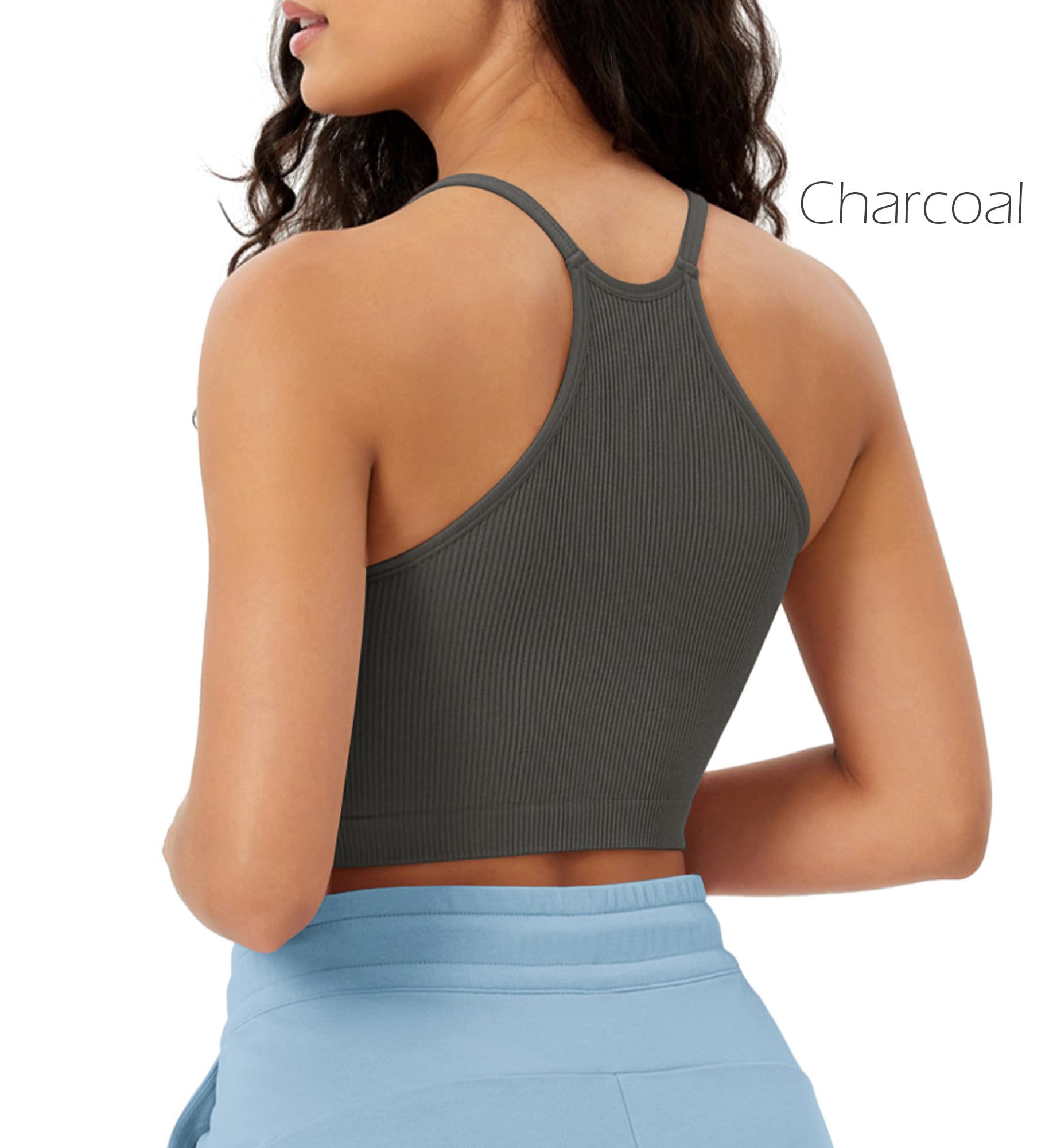 ODODOS Women's Crop 3-Pack Seamless Rib-Knit Camisole Crop Tank Tops, Mushroom Taupe Charcoal, X-Small/Small