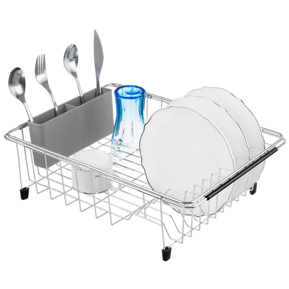 SANNO Expandable Dish Drying Rack Sink Dishes Drainer , Dish Rack with Utensil Silverware Storage Holder Over The Sink Adjustable Arms Dish Drying Drainer, in Sink or On Counter,Stainless Steel