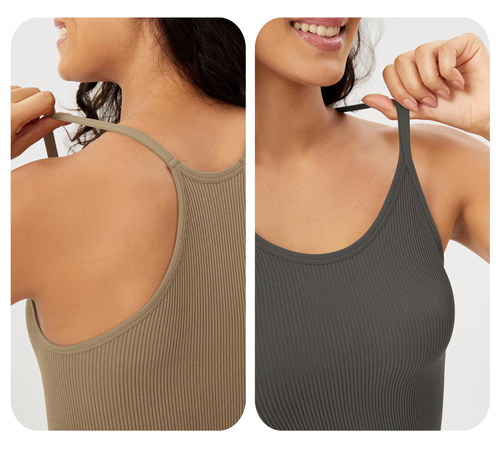 ODODOS Women's Crop 3-Pack Seamless Rib-Knit Camisole Crop Tank Tops, Mushroom Taupe Charcoal, X-Small/Small
