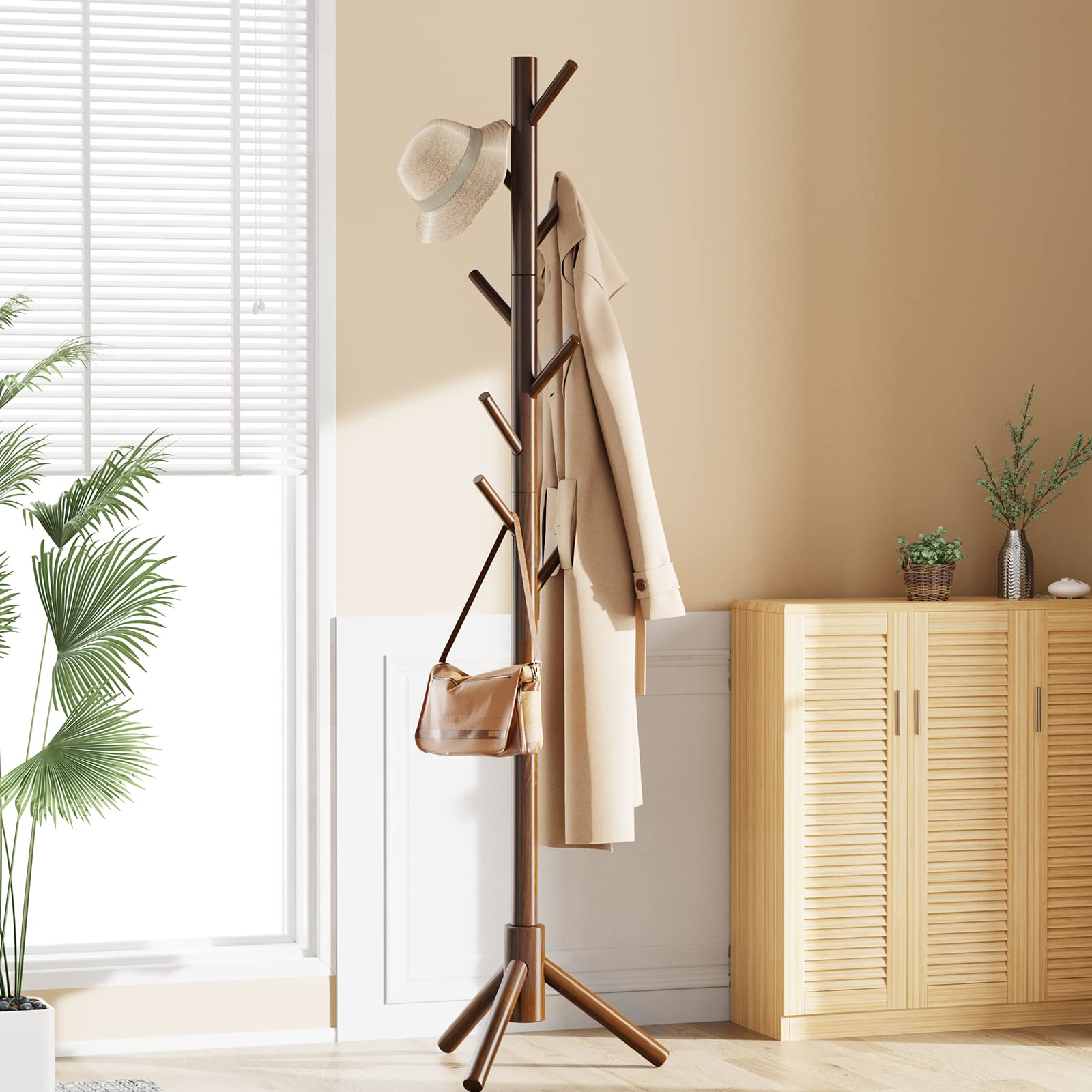 Pipishell Coat Rack, Wooden Coat Rack Stand with 3 Height Options and 8 Hooks, Sturdy Freestanding Coat Rack for Clothes/Bags/Hats, Coat Rack for Home/Office/Entryway/Hallway, PIWCR01, Brown