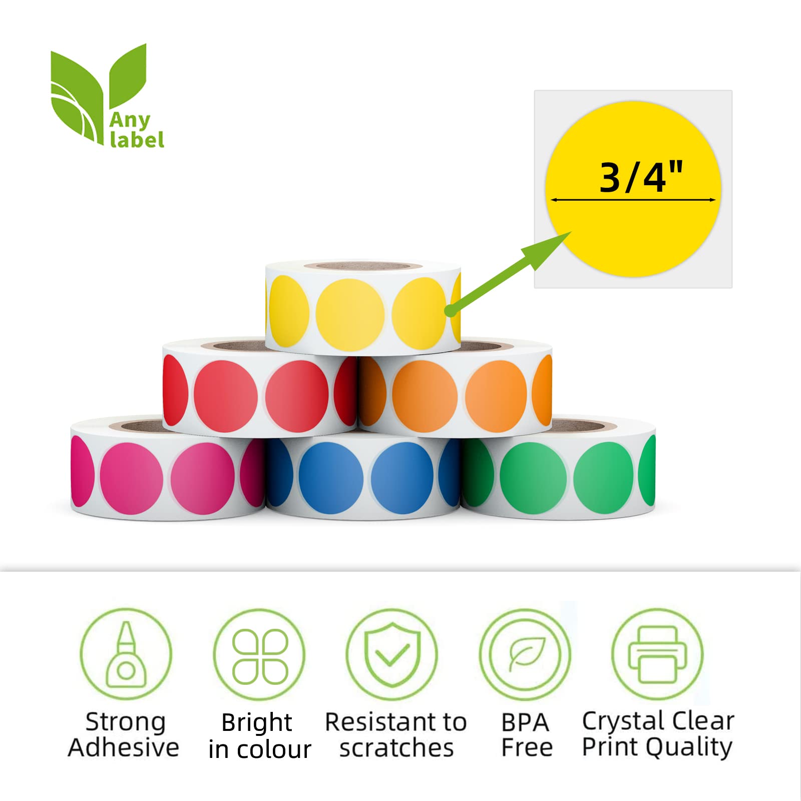 Anylabel 3/4" Round Color Coding Circle Dot Labels 3000 PCS Includes Bright Yellow Green Red Pink Orange Blue(6 Rolls,500 Labels/Roll)