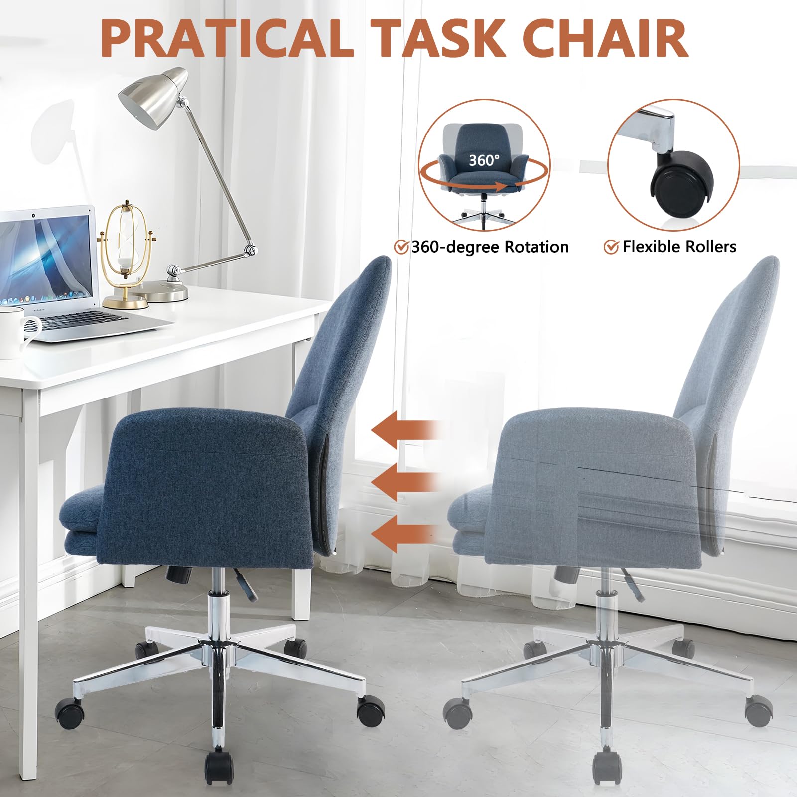 Novigo Set of 2 Accent Swivel Rolling Chair Adjustable Height Mid Back Dining Room Desk Chair with Upholstered Armrests Comfy Back Support Vanity Chair for Office Bedroom,Blue