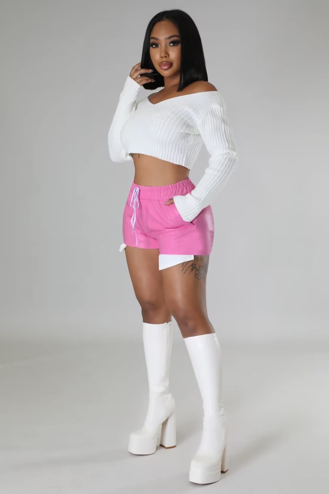 Aotasely Latex Tight Faux Leather Mini Shorts for Women Sexy PU Coated Shorts Deep Pockets Patchwork Nightwear Pink L