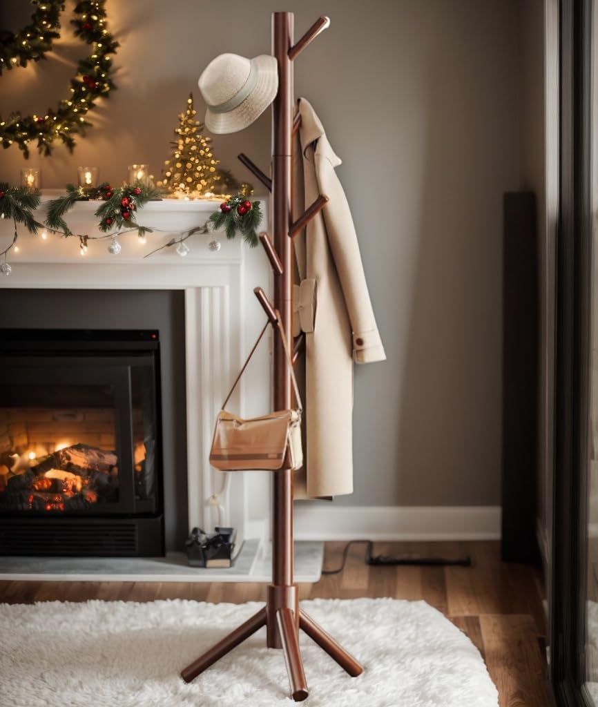 Pipishell Coat Rack, Wooden Coat Rack Stand with 3 Height Options and 8 Hooks, Sturdy Freestanding Coat Rack for Clothes/Bags/Hats, Coat Rack for Home/Office/Entryway/Hallway, PIWCR01, Brown