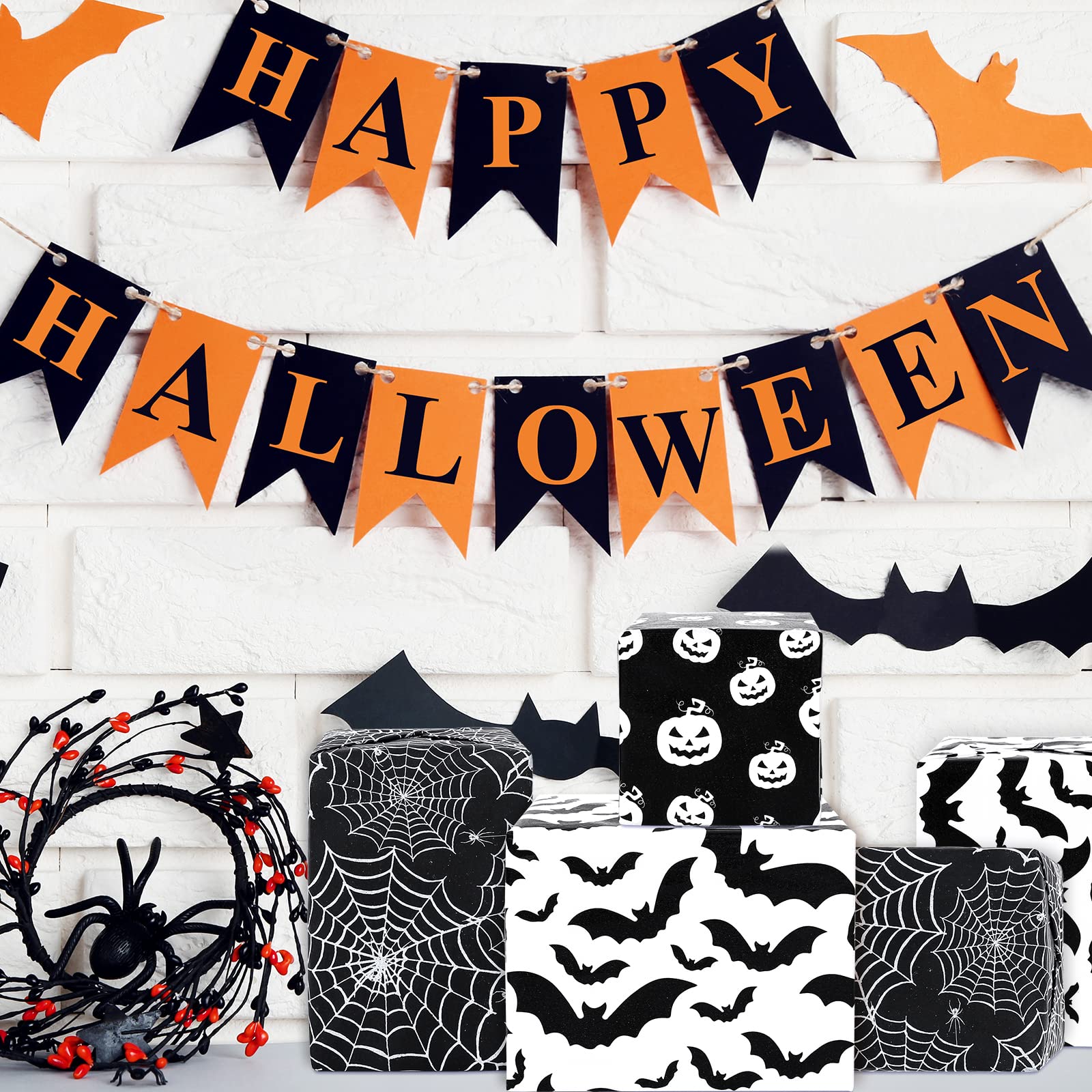 Whaline 90 Sheet Halloween Tissue Paper Black White Wrap Tissue Paper with Cobweb Bat Ghost Pumpkin Pattern Autumn Gift Wrapping Paper for Fall Halloween Party Gift Packing DIY Craft, 13.8 x 19.7In