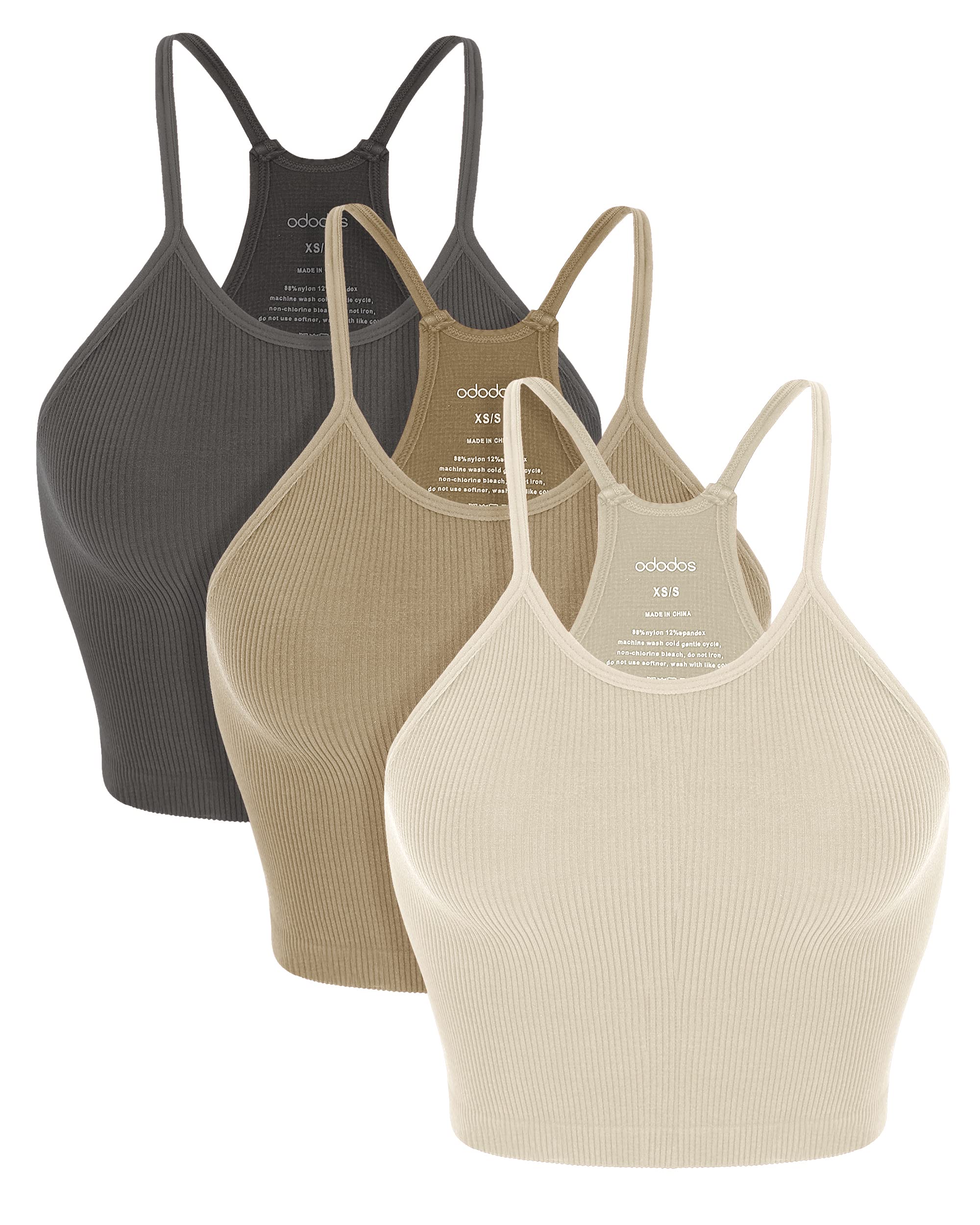 ODODOS Women's Crop 3-Pack Seamless Rib-Knit Camisole Crop Tank Tops, Mushroom Taupe Charcoal, X-Small/Small