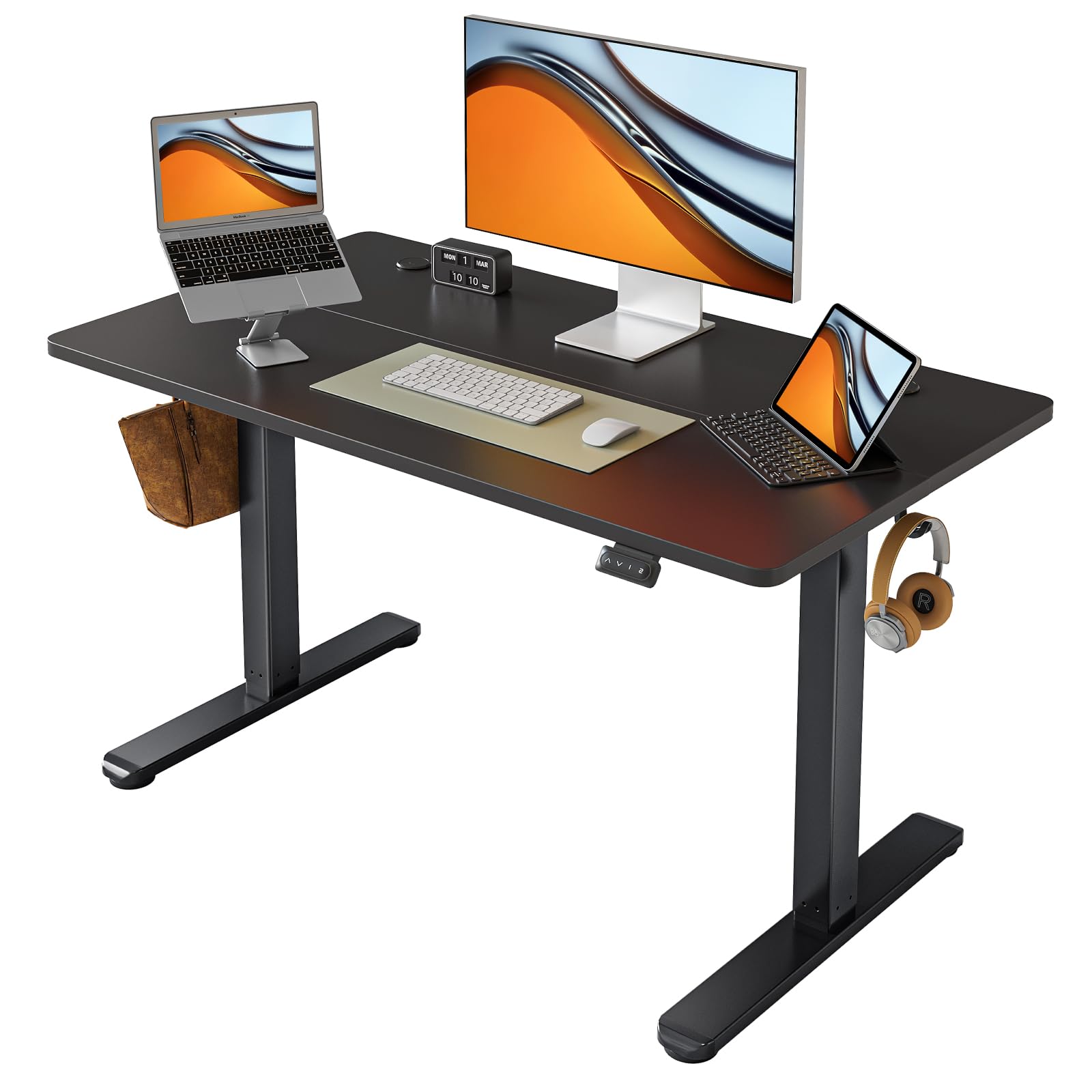 FAMISKY Dual Motors Standing Desk, 55 x 24 Inches Adjustable Height Electric Stand up Desk, Sit Stand Home Office Desk, Ergonomic Workstation Black Steel Frame/Rustic Brown Wood Tabletop
