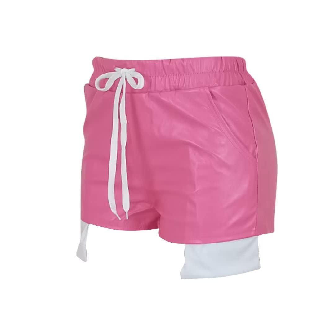 Aotasely Latex Tight Faux Leather Mini Shorts for Women Sexy PU Coated Shorts Deep Pockets Patchwork Nightwear Pink L