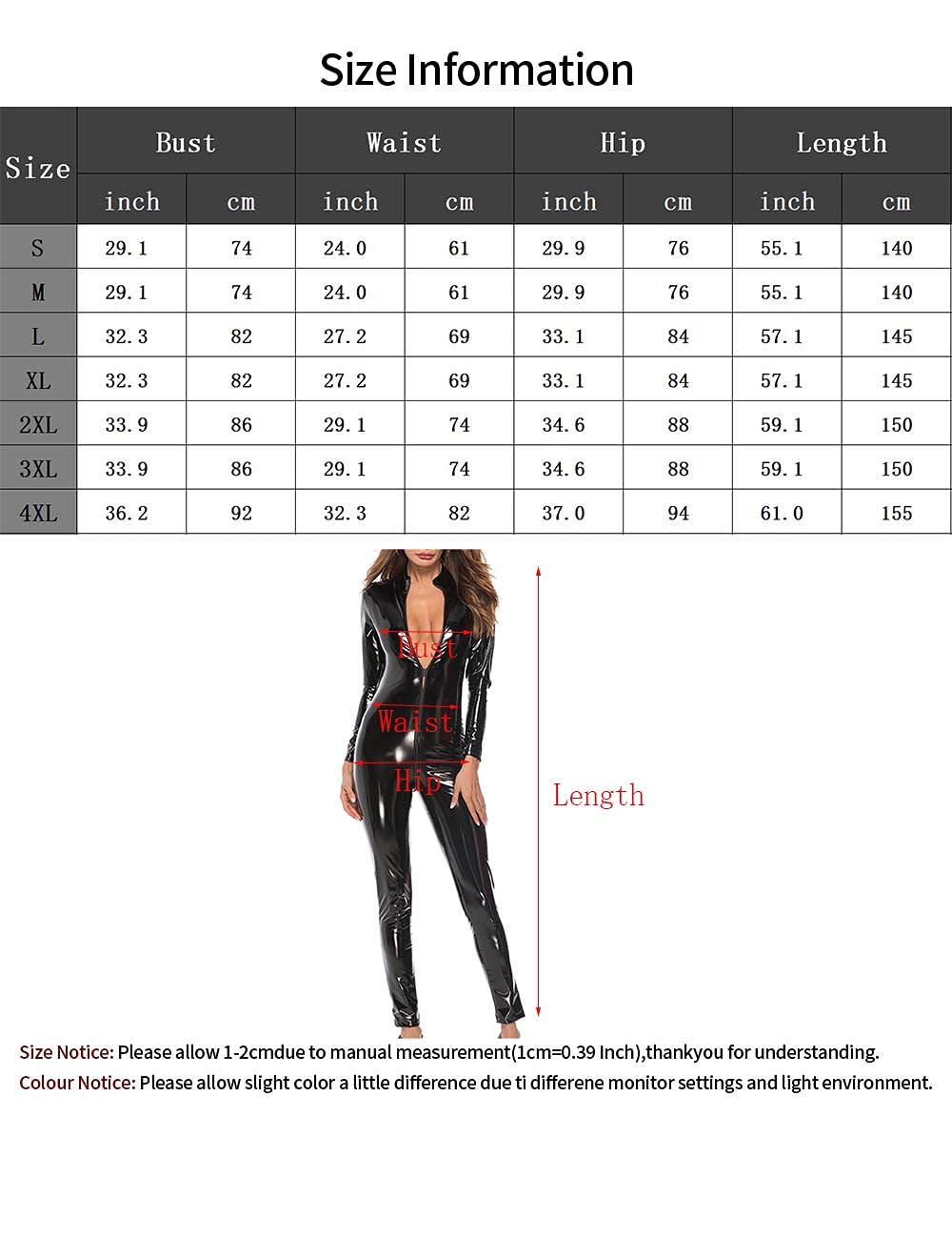 SOMTHRON Women's Sexy Latex Catsuits Long Sleeve Front Zipper Jumpsuits Metallic PU Long Pants Wet Look Teddy Bodysuits(BL-S)