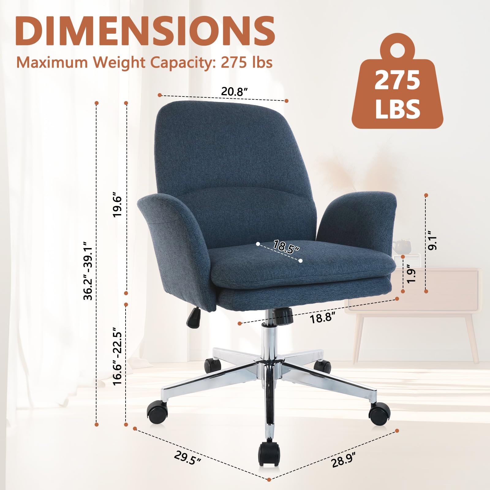 Novigo Set of 2 Accent Swivel Rolling Chair Adjustable Height Mid Back Dining Room Desk Chair with Upholstered Armrests Comfy Back Support Vanity Chair for Office Bedroom,Blue