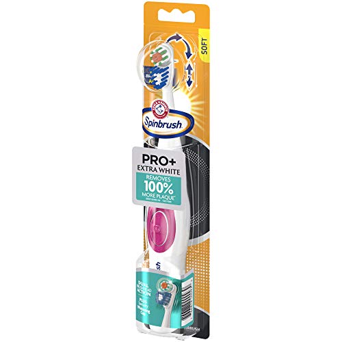 ARM & HAMMER Spinbrush PRO+ Extra White Battery-Operatedā Spinbrush Battery Powered Toothbrush Removes 100% More Plaque- Soft Bristles -Batteries Included